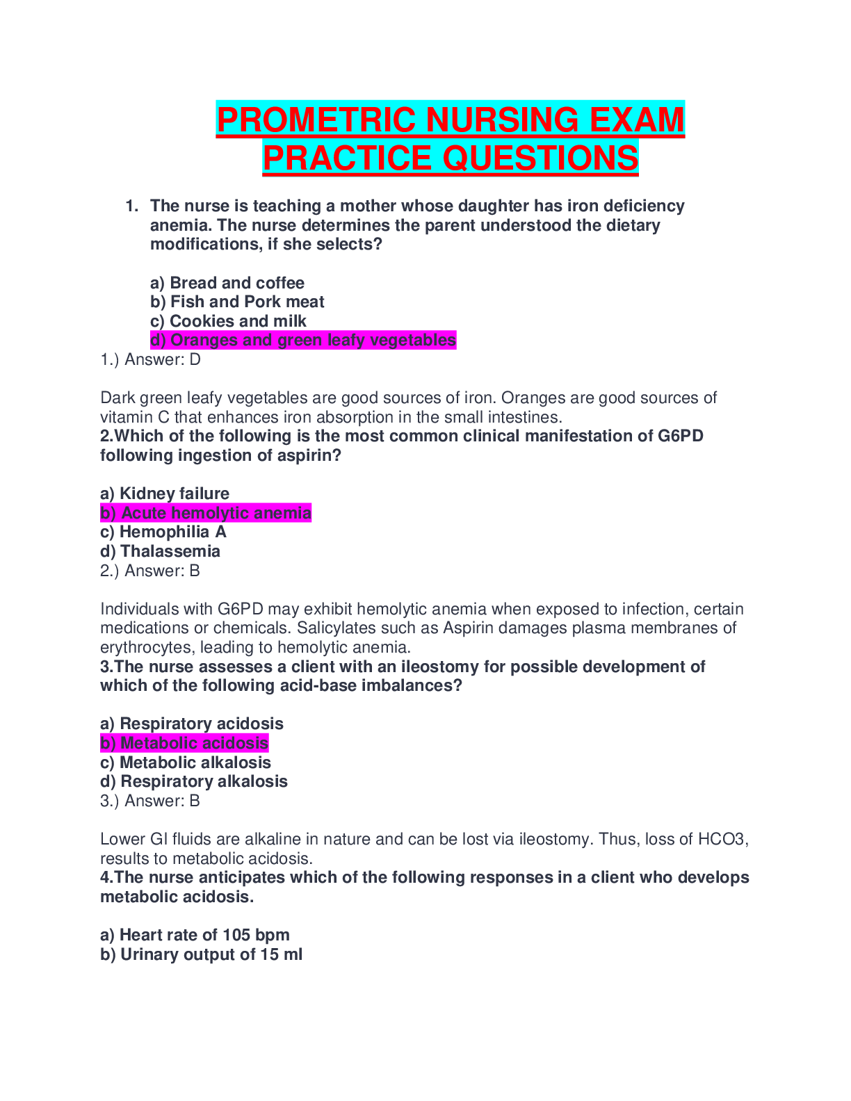 PROMETRIC TEST 1 NURSING EXAM PRACTICE QUESTIONS WITH ANSWERS ...