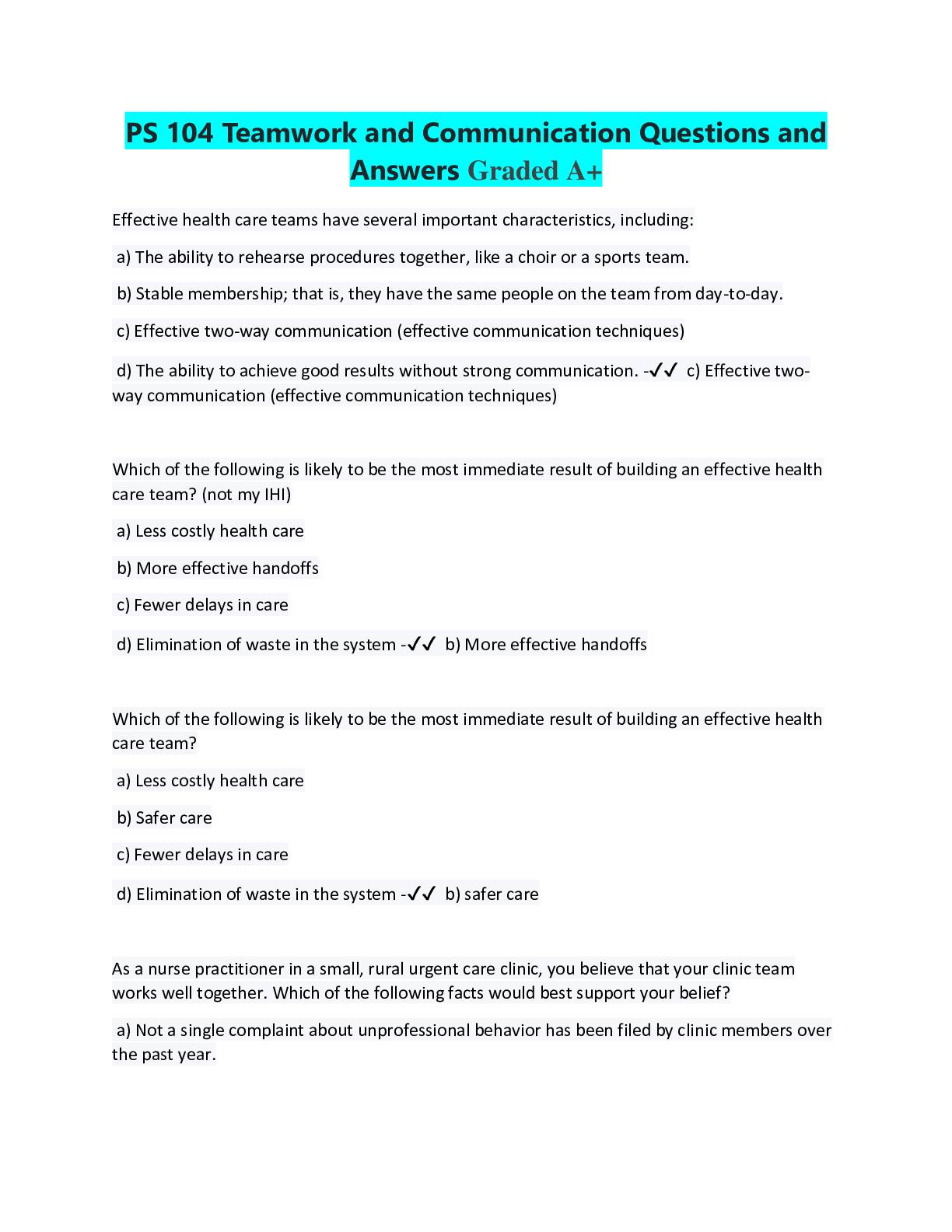 PS 104 Teamwork and Communication Questions and Answers Graded A+ ...