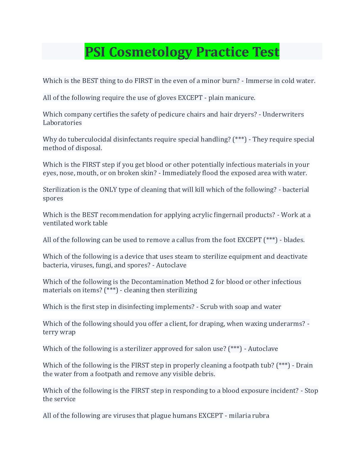 PSI Cosmetology Practice Test Questions And Answers( Latest Update With ...