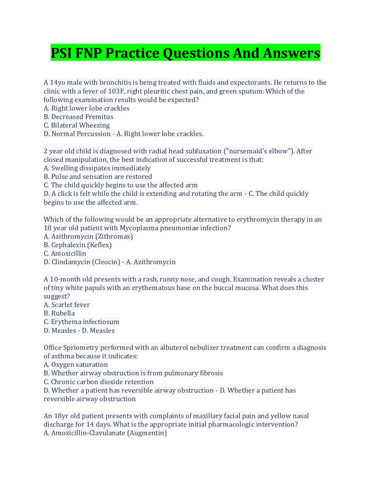 PSI FNP Practice Questions And Answers With Complete Solution Rated A ...