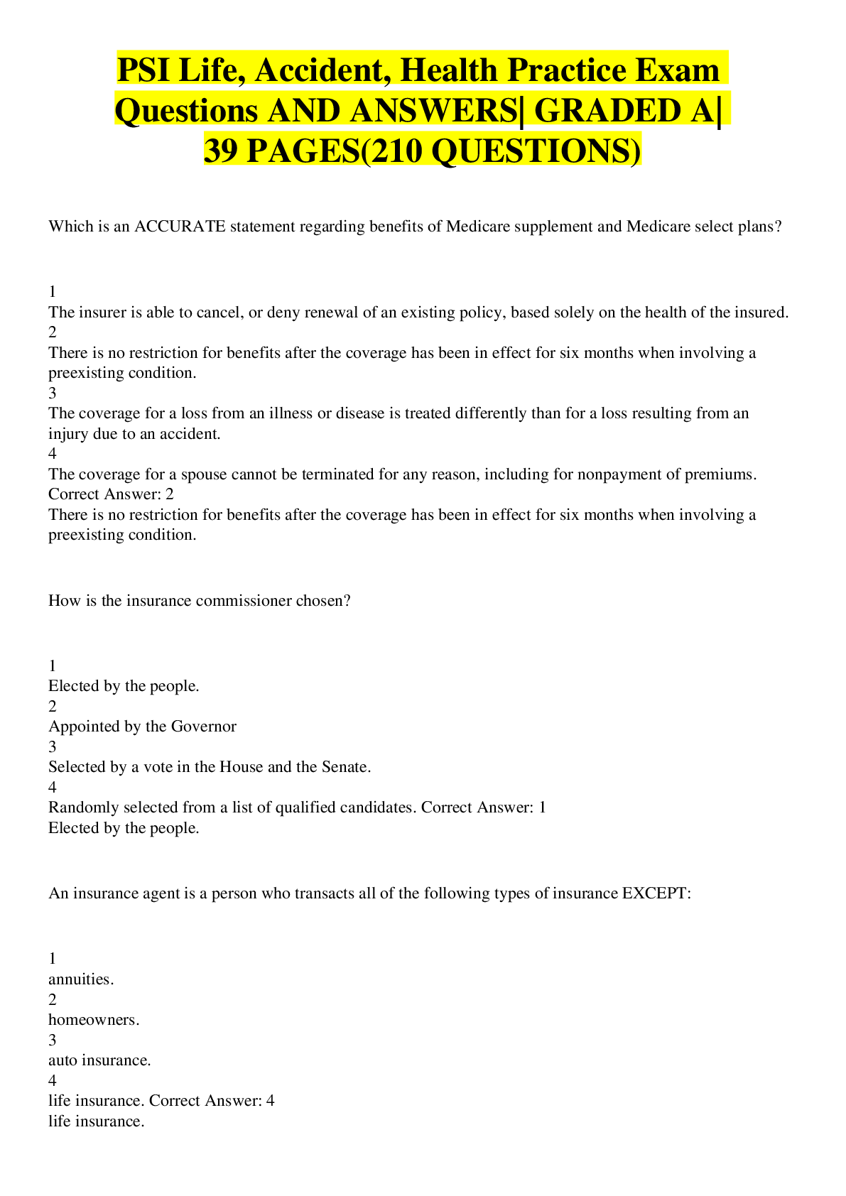 PSI Life, Accident, Health Practice Exam Questions AND ANSWERS| GRADED ...