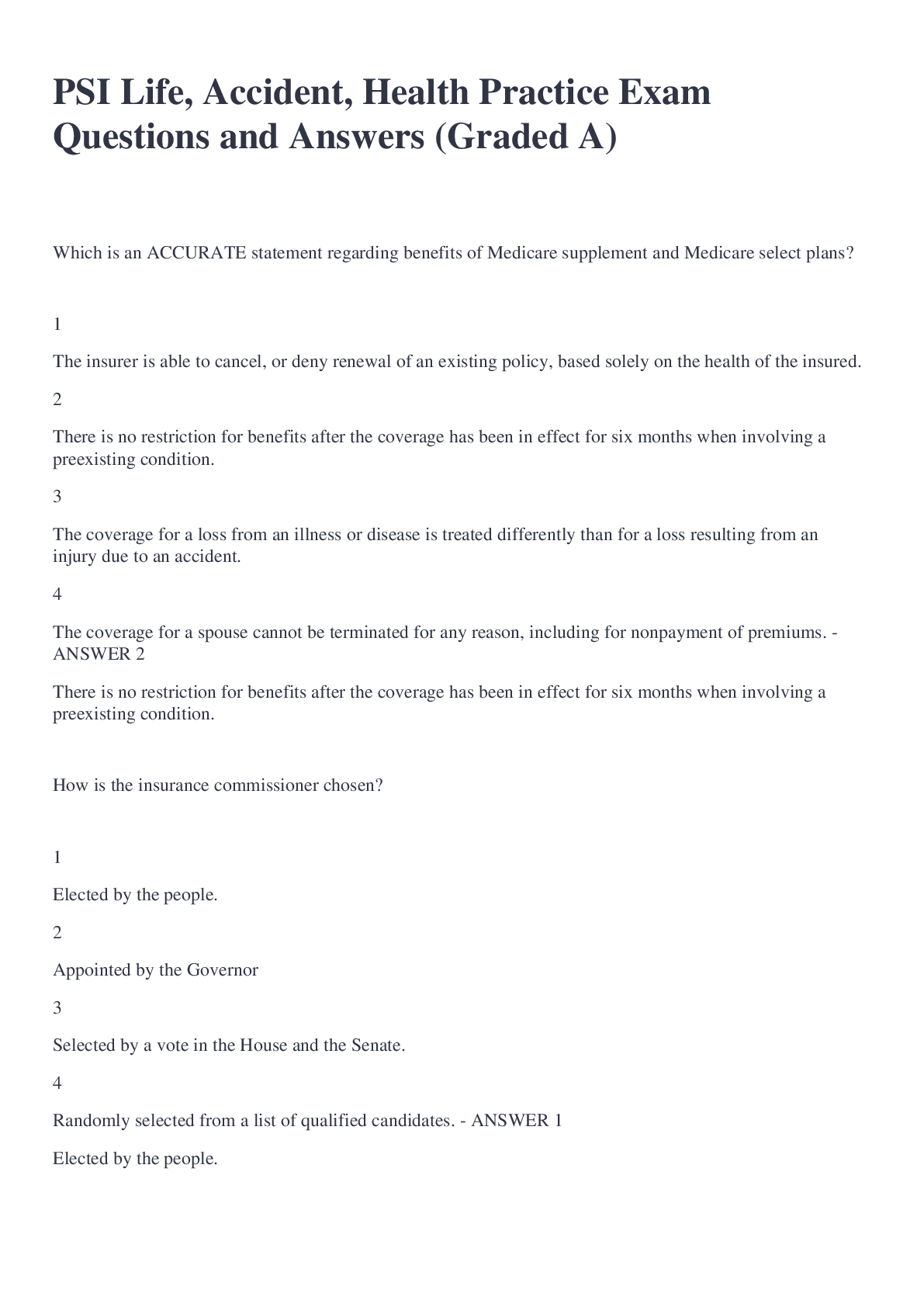 PSI Life, Accident, Health Practice Exam Questions and Answers (Graded ...