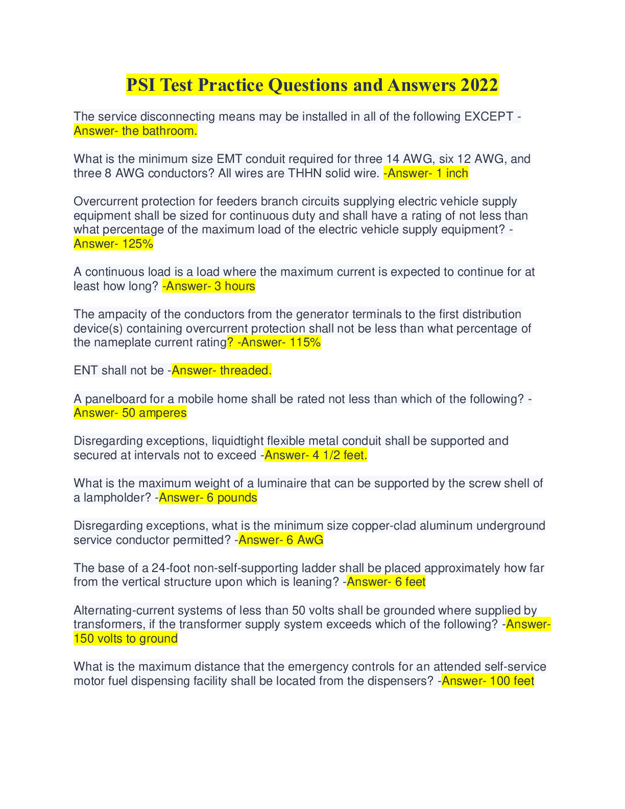 PSI Test Practice Questions and Answers 2022 - Scholarfriends