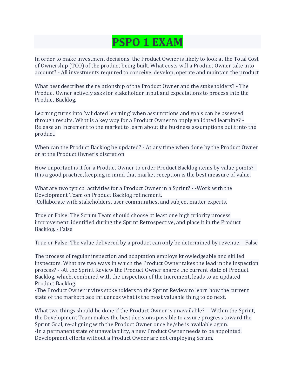 PSPO 1 EXAM QUESTIONS AND ANSWERS - Scholarfriends