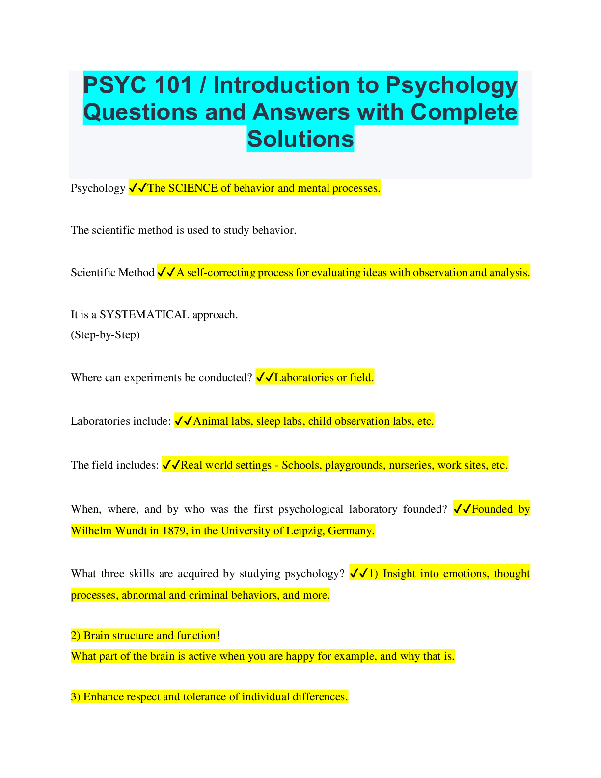 PSYC 101 / Introduction to Psychology Questions and Answers with ...