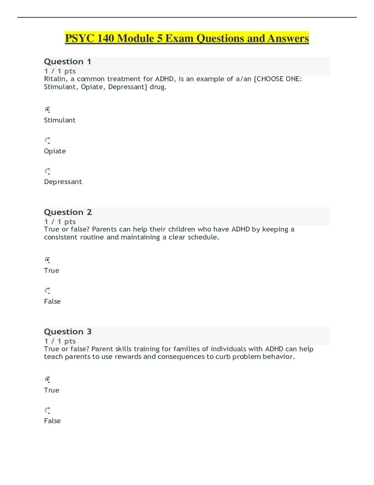 PSYC 140 Module 5 Exam Questions and Answers- Portage Learning ...