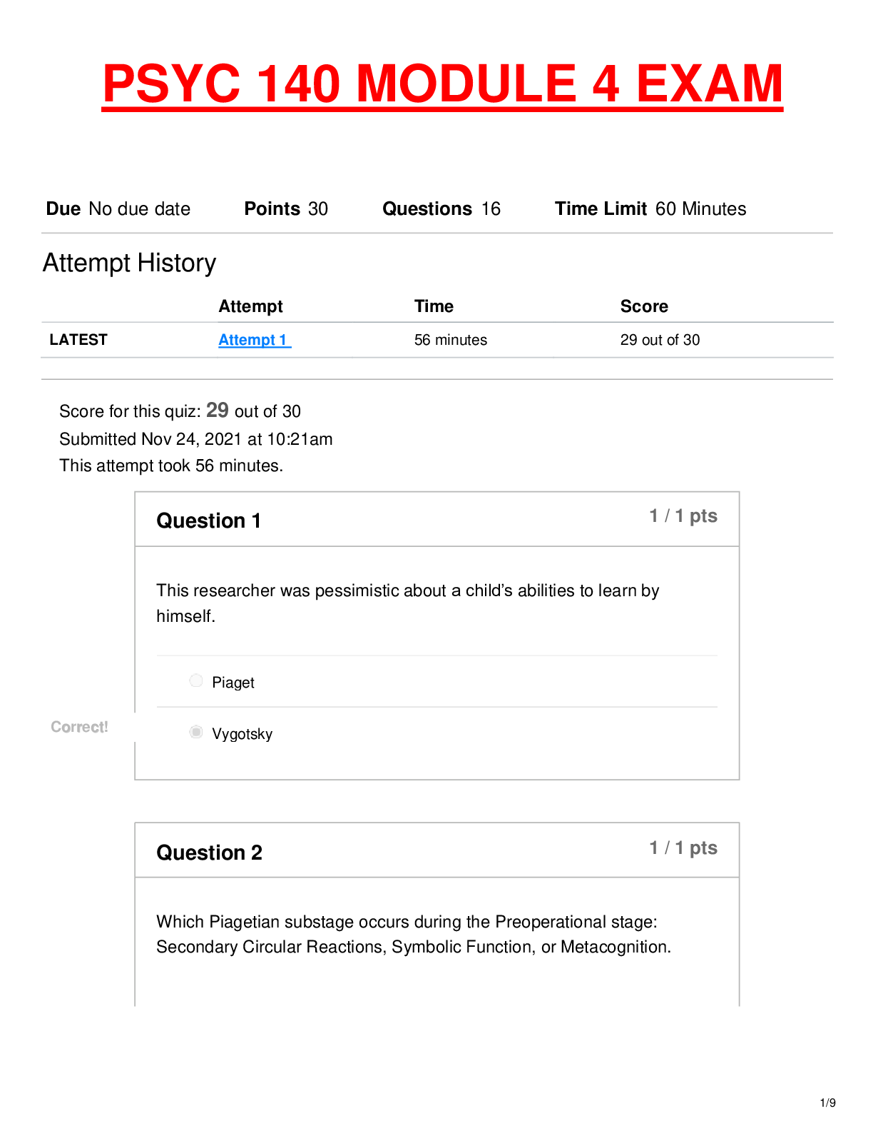 PORTAGE LEARNING PSYC 140 MODULE 4 EXAM QUESTIONS AND ANSWERS RATED AND ...