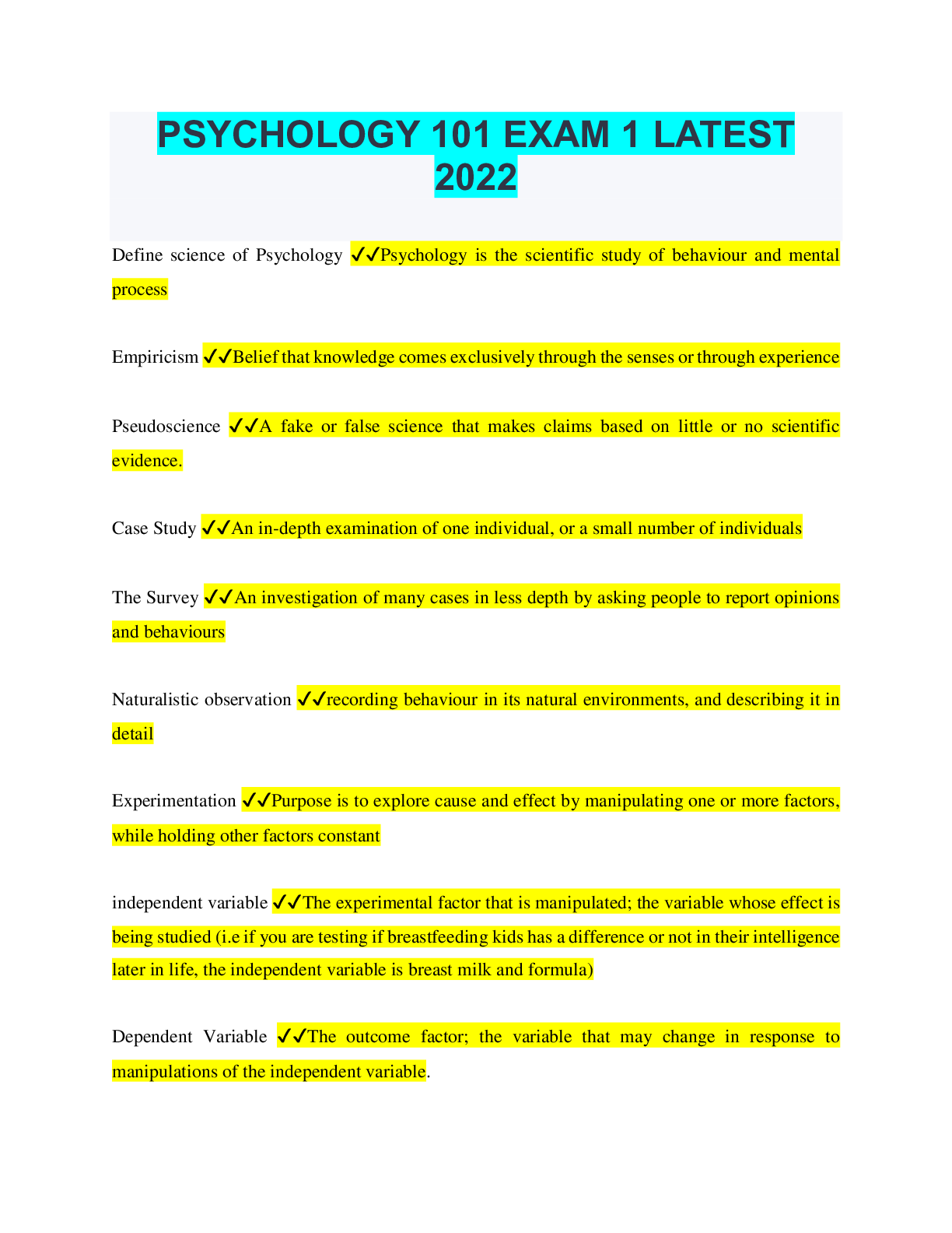 PSYCHOLOGY 101 EXAM 1 LATEST 2022 - Scholarfriends