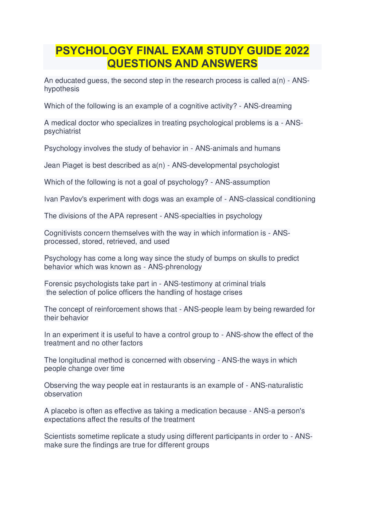 PSYCHOLOGY FINAL EXAM STUDY GUIDE 2022 QUESTIONS AND ANSWERS ...