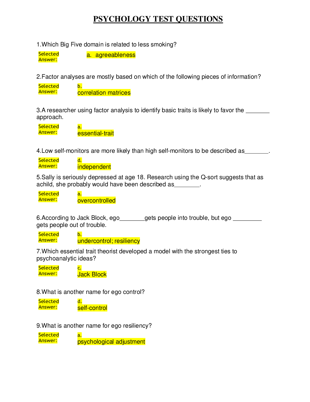 PSYCHOLOGY TEST 24 QUESTIONS WITH CORRECT ANSWERS - Scholarfriends
