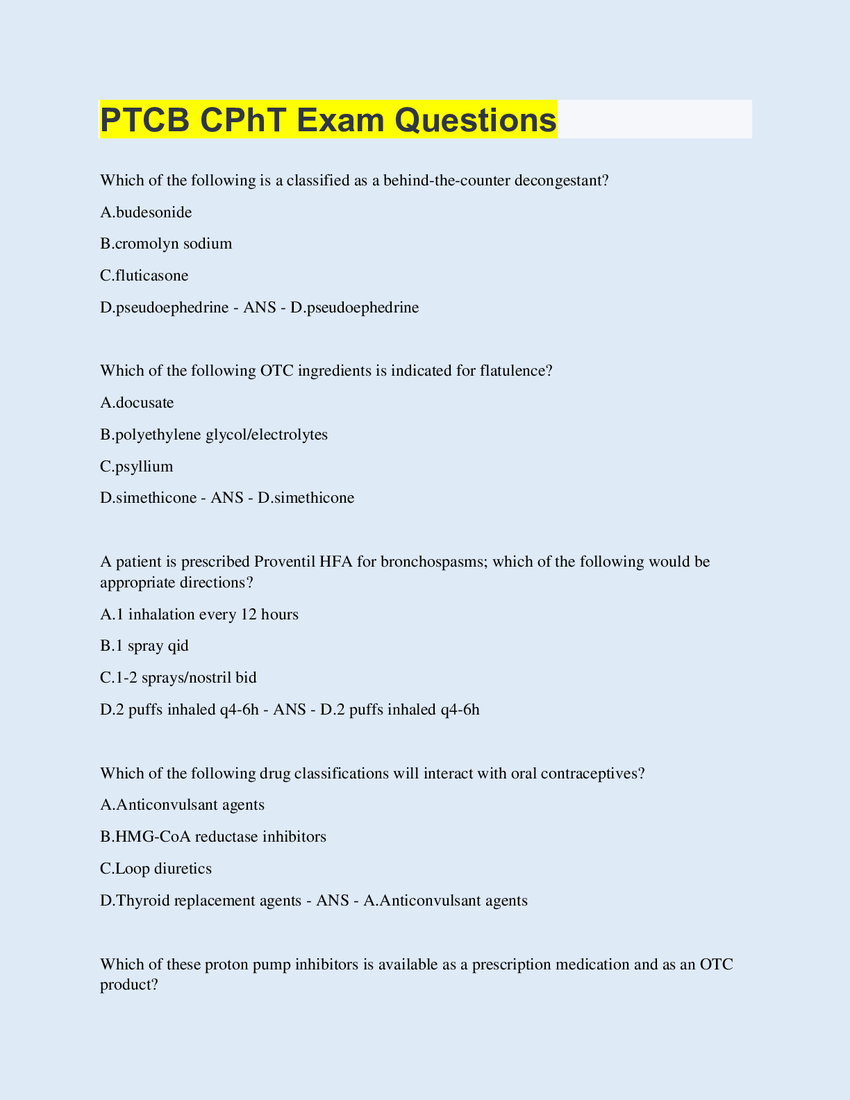 PTCB CPhT Exam Questions | with 100% Correct Answers | Updated ...