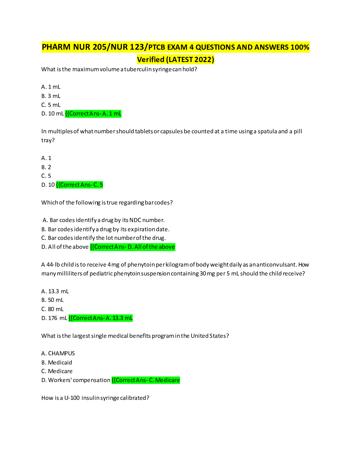PTCB EXAM 4 QUESTIONS AND ANSWERS 100% Verified (LATEST 2022 ...
