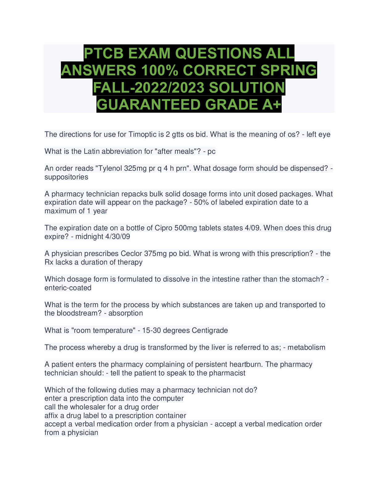 PTCB EXAM QUESTIONS ALL ANSWERS 100% CORRECT SPRING FALL-2022/2023 ...