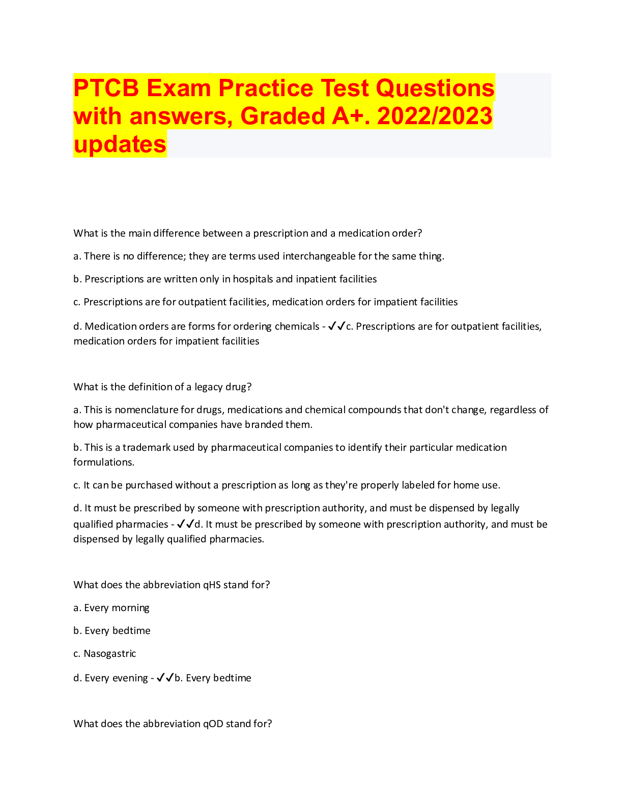 PTCB Exam Practice Test Questions with answers, Graded A+. 2022/2023 ...