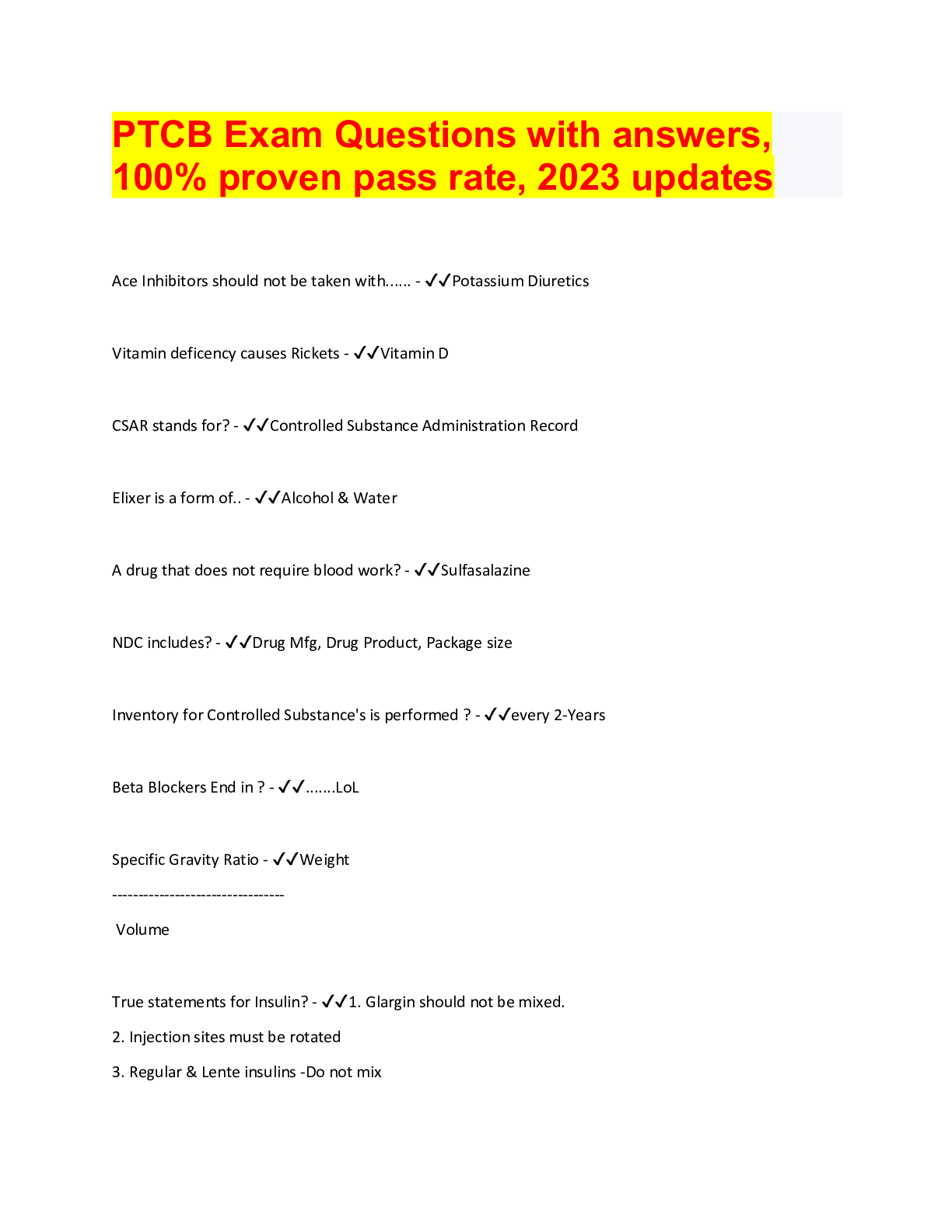 PTCB Exam Questions with answers, 100% proven pass rate, 2023 updates ...