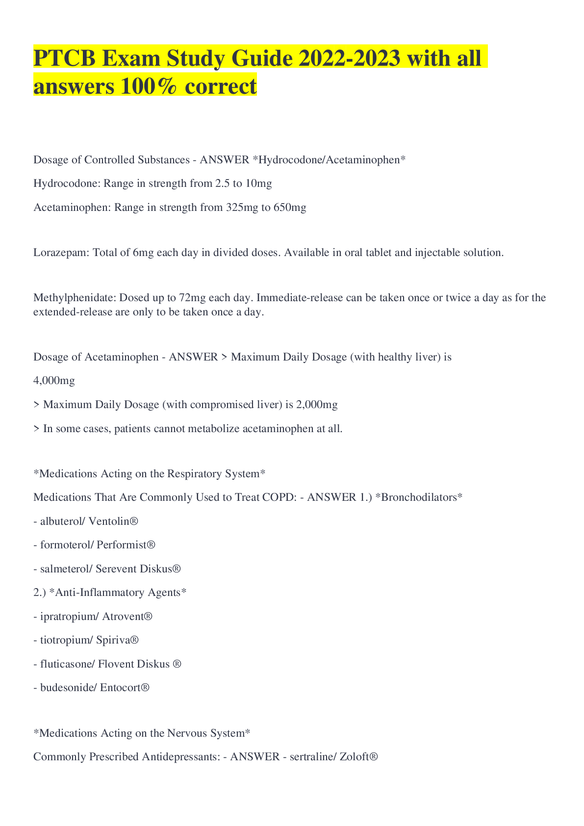 PTCB Exam Study Guide 2022-2023 with all answers 100% correct ...