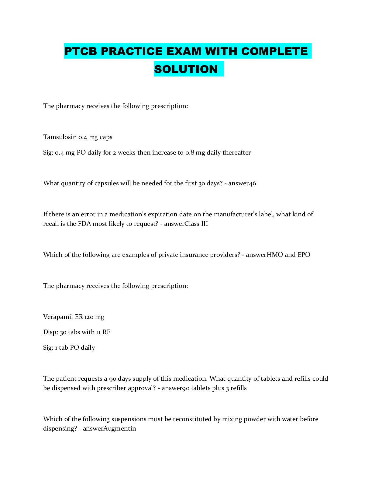 PTCB PRACTICE EXAM WITH COMPLETE SOLUTION - Scholarfriends