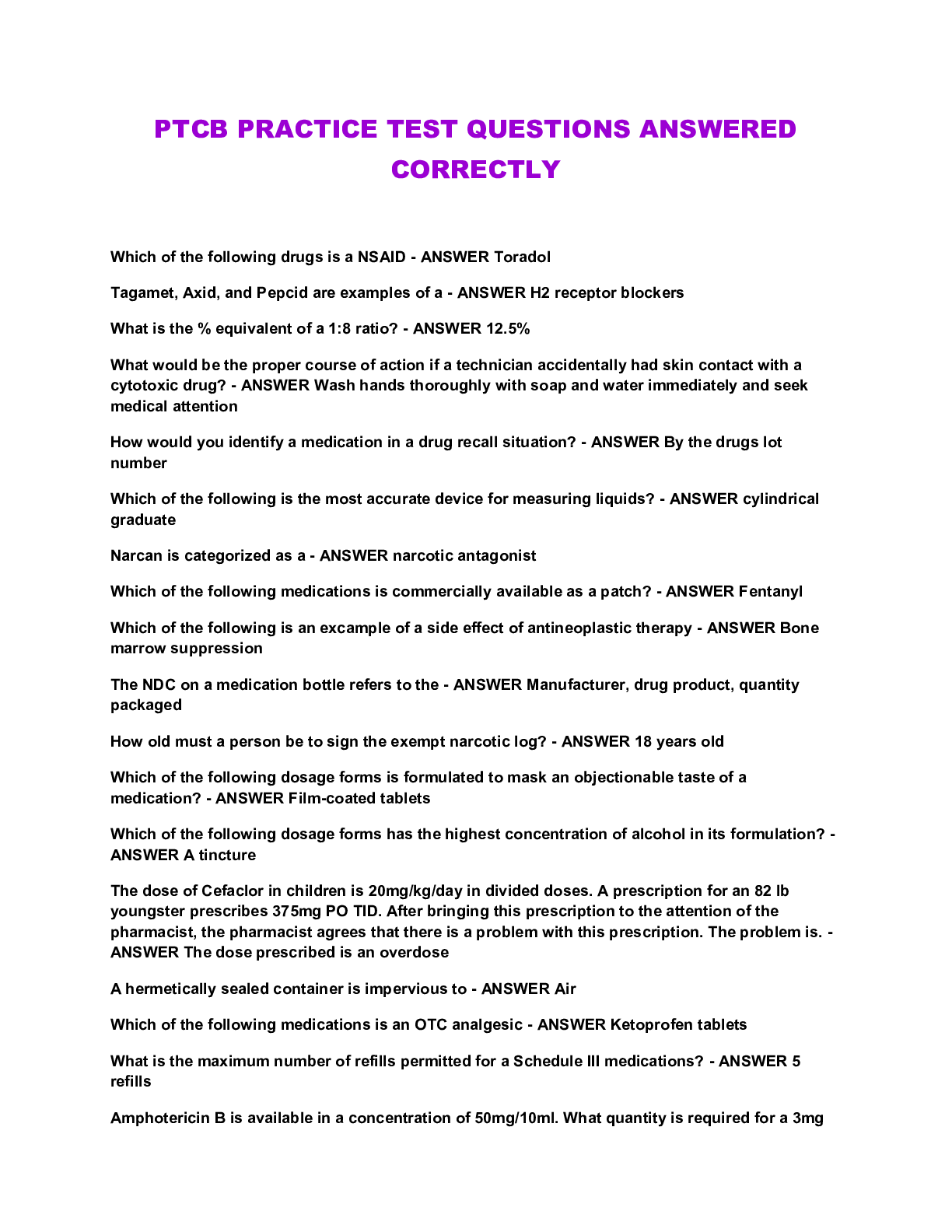 PTCB PRACTICE TEST QUESTIONS ANSWERED CORRECTLY - Scholarfriends