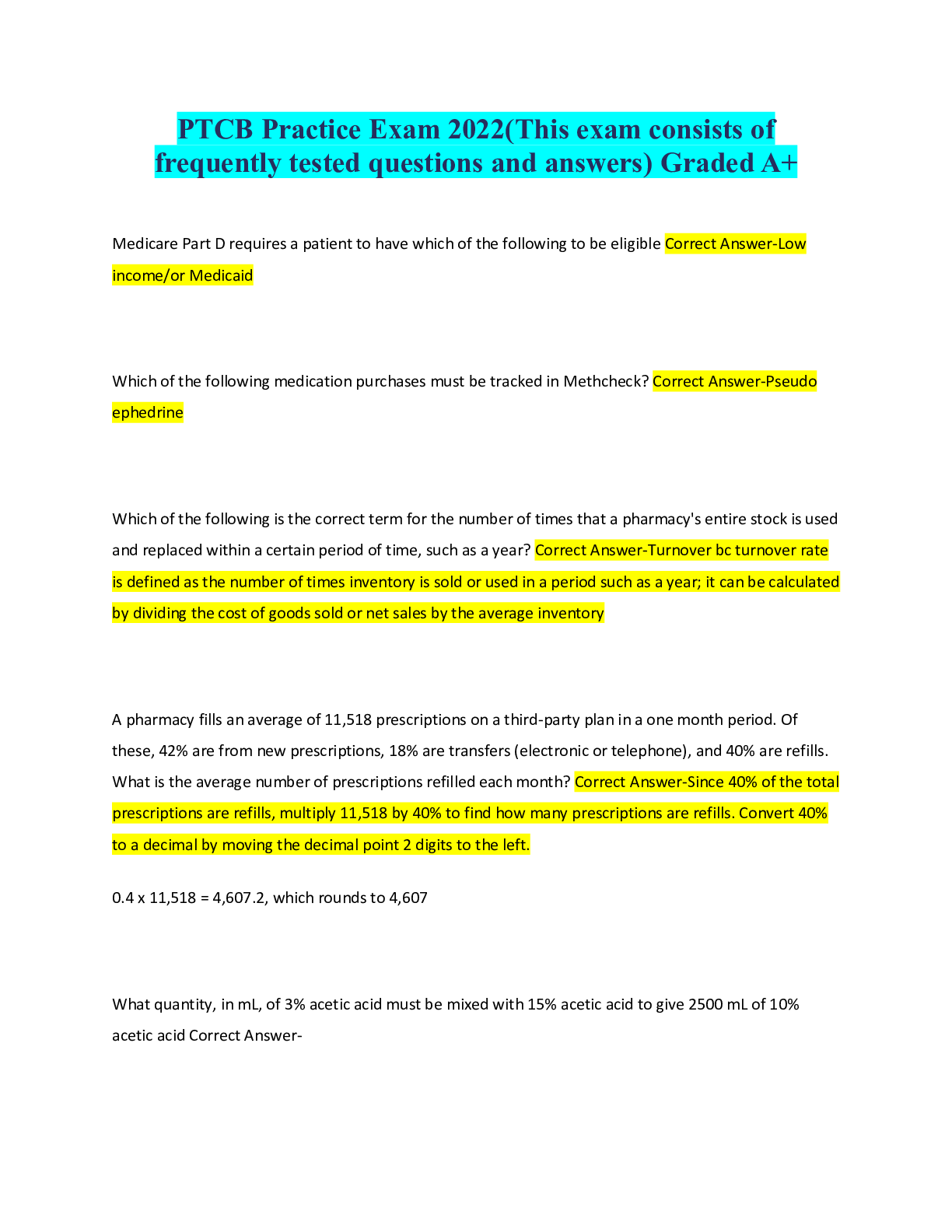 PTCB Practice Exam 2022(This exam consists of frequently tested ...