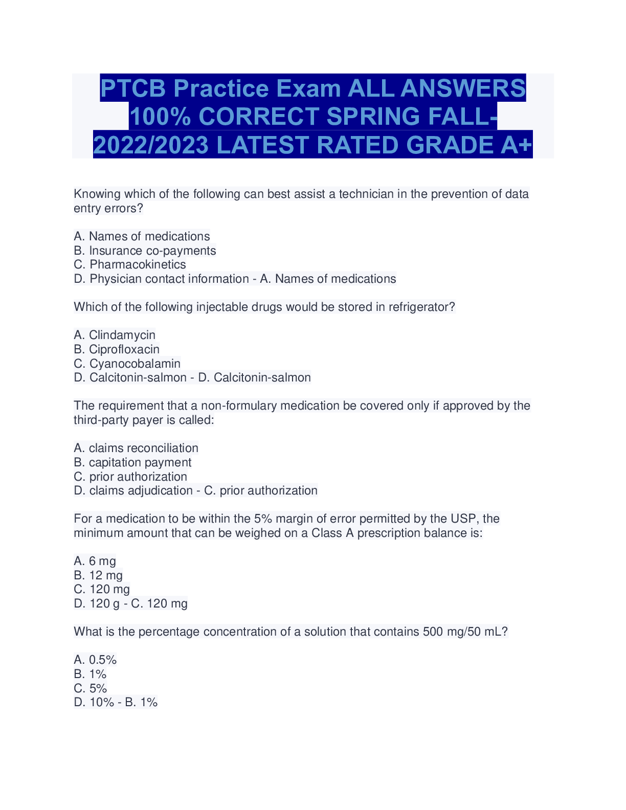 PTCB Practice Exam ALL ANSWERS 100% CORRECT SPRING FALL- 2022/2023 ...