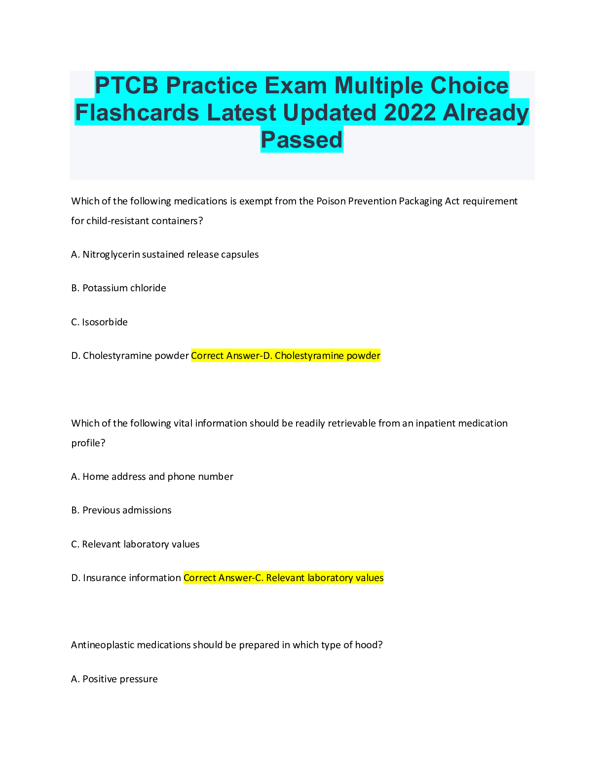 PTCB Practice Exam Multiple Choice Flashcards Latest Updated 2022 ...