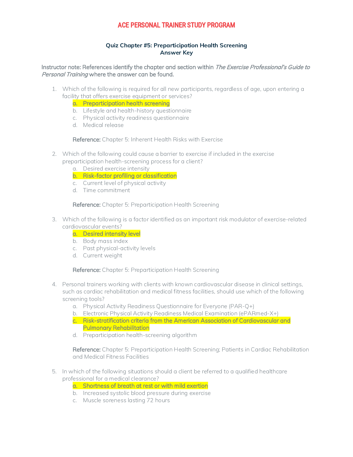 ACE PERSONAL TRAINER STUDY PROGRAM Quiz Chapter #5: Preparticipation ...