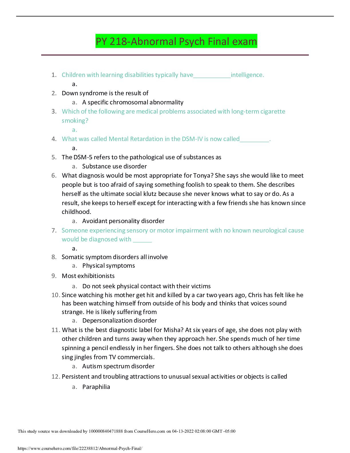 PY 218-Abnormal Psych Final exam - Scholarfriends