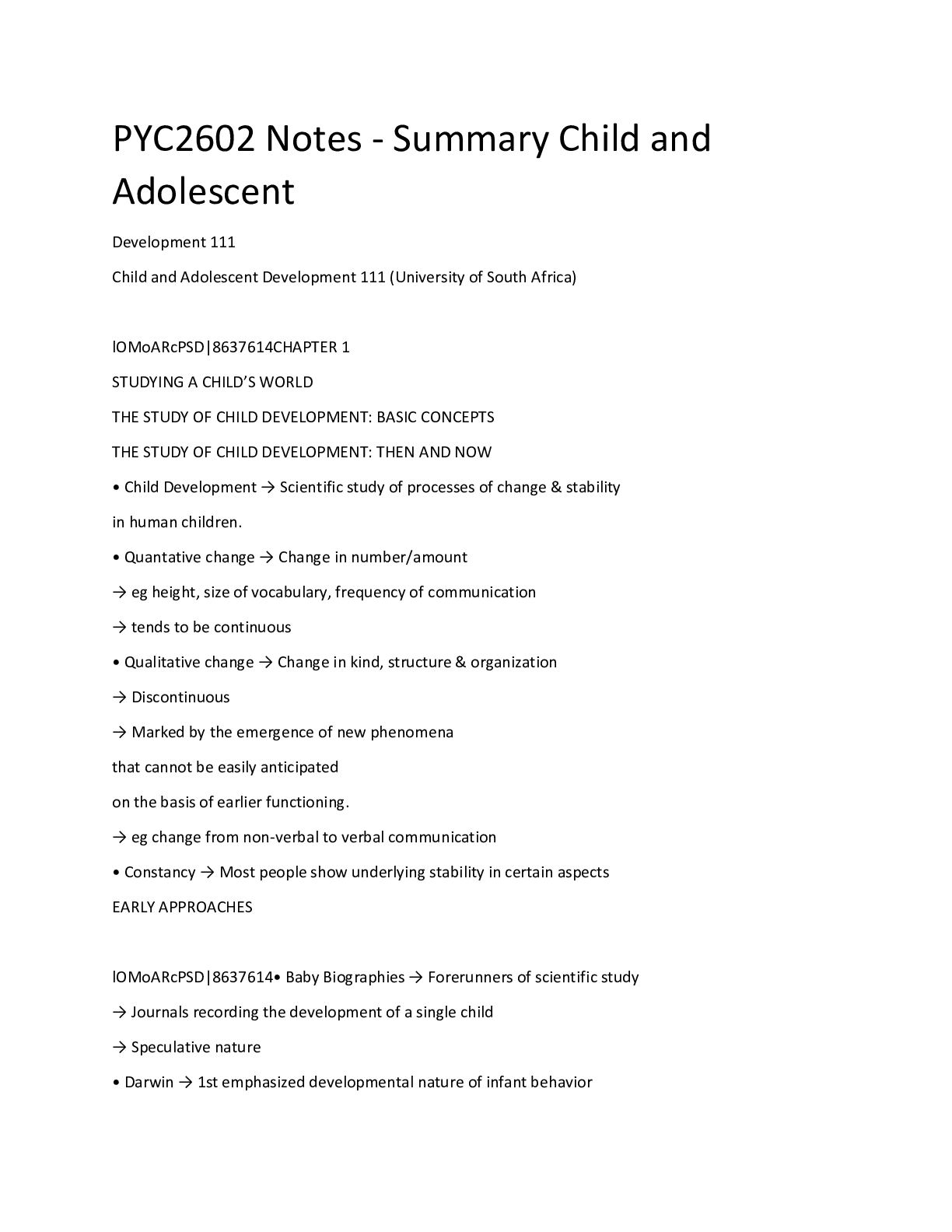 PYC2602 Notes - Summary Child and Adolescent 2021 - Scholarfriends