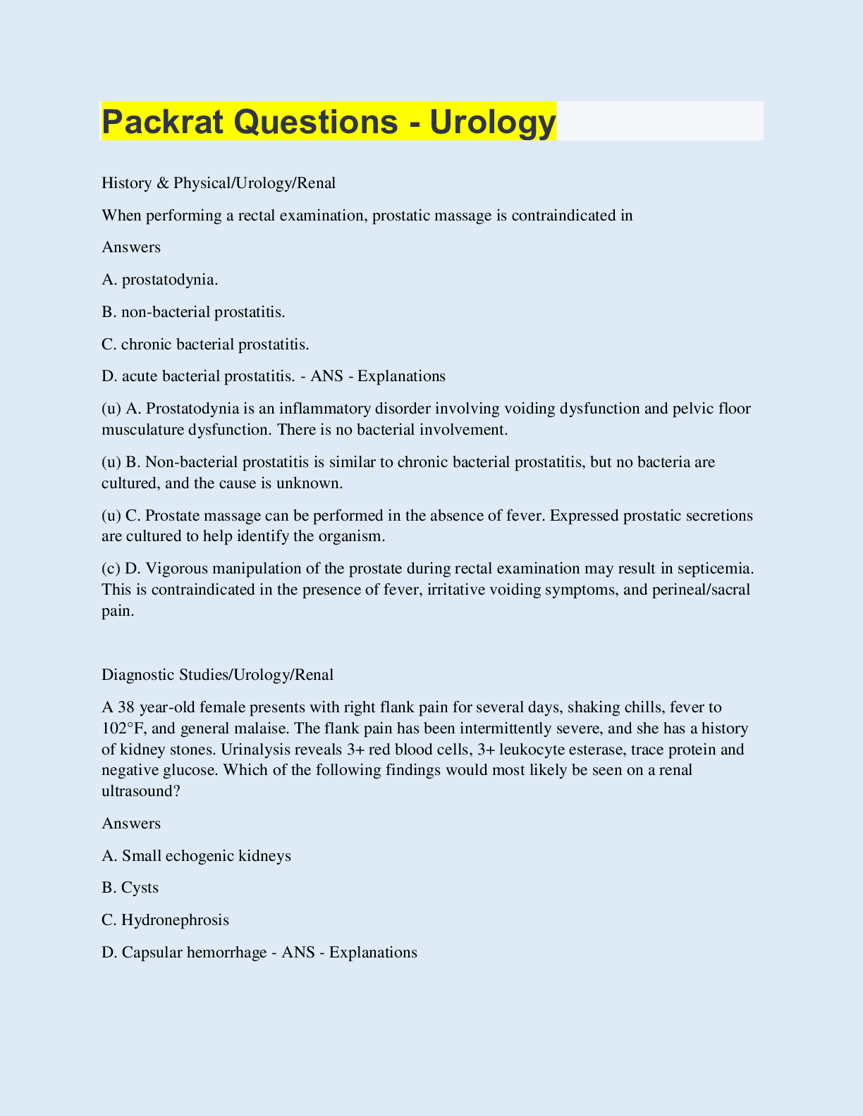 Packrat Questions - Urology | 45 Questions with 100% Correct Answers ...