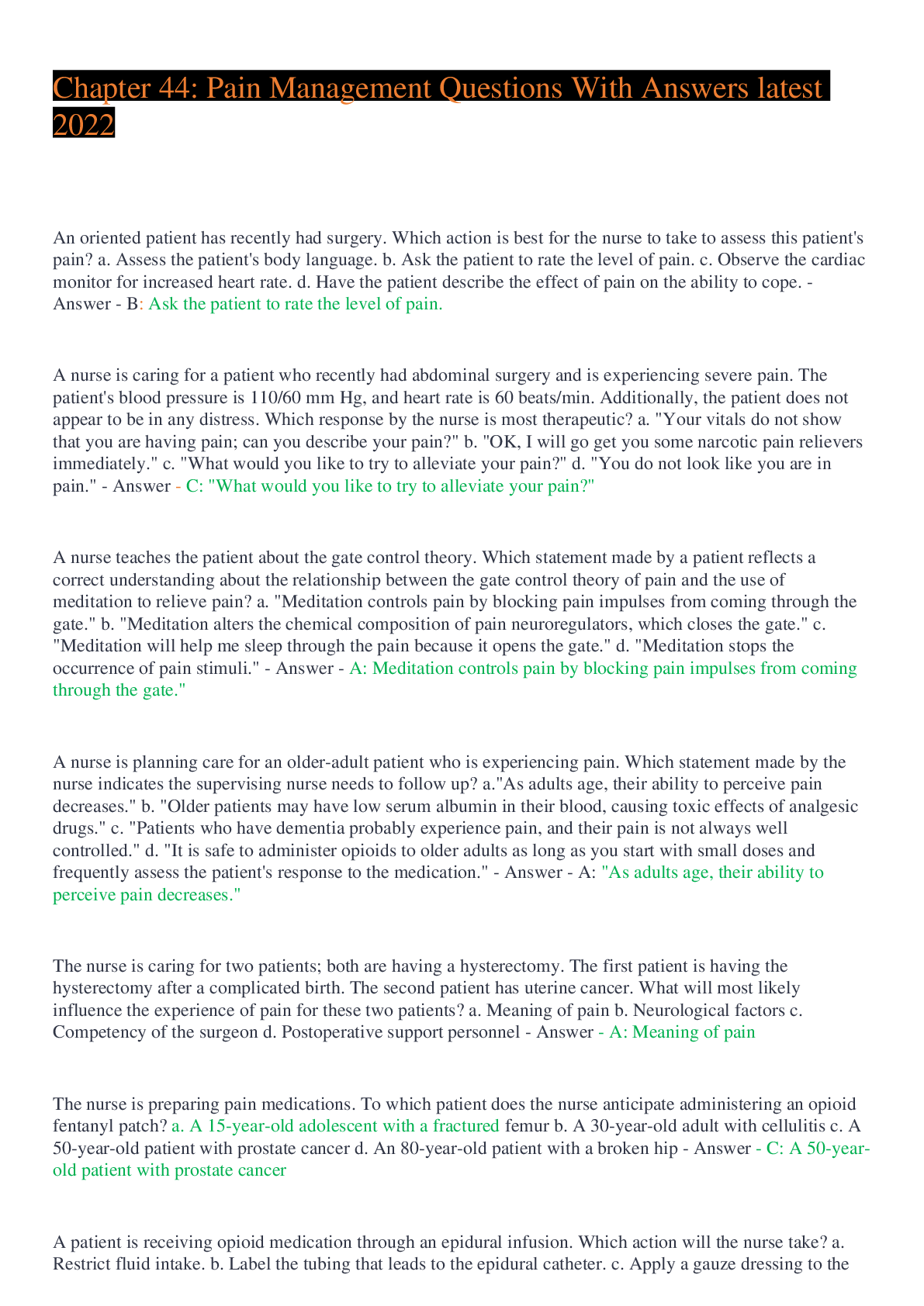 Chapter 44: Pain Management Questions With Answers latest 2022 ...