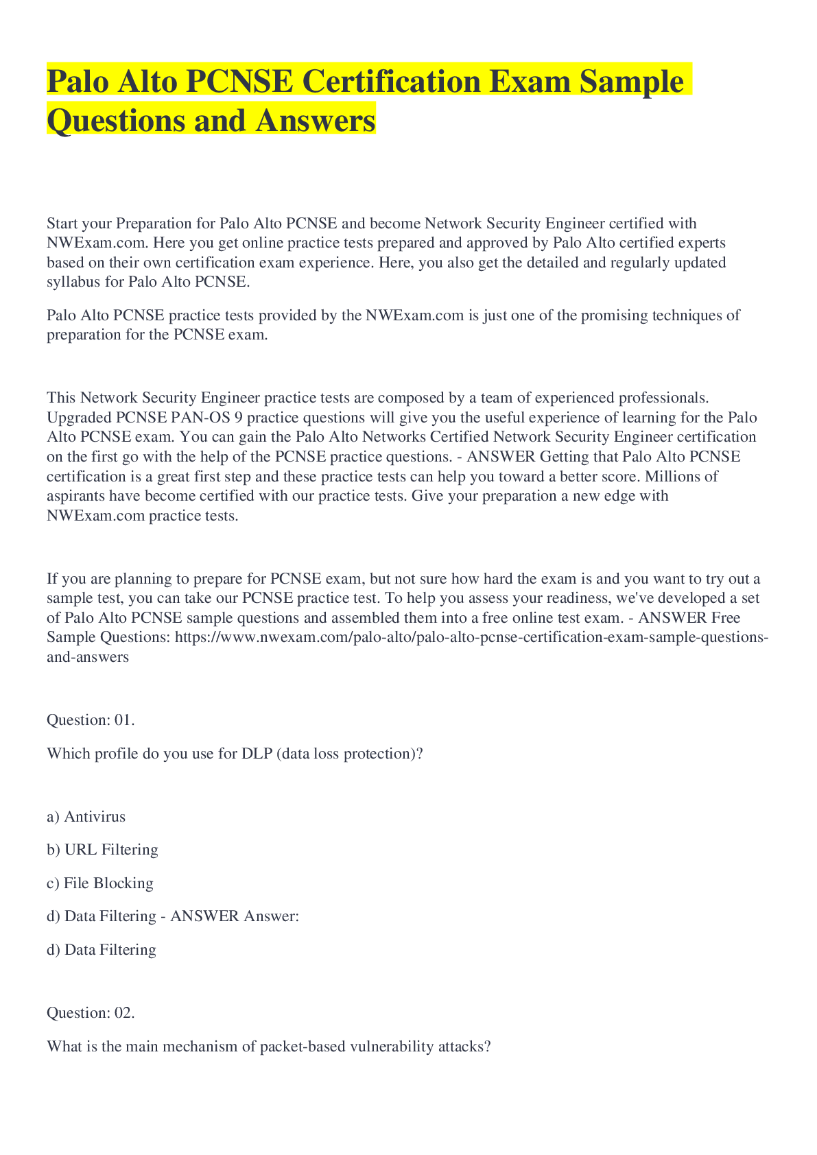 Palo Alto PCNSE Certification Exam Sample Questions and Answers ...