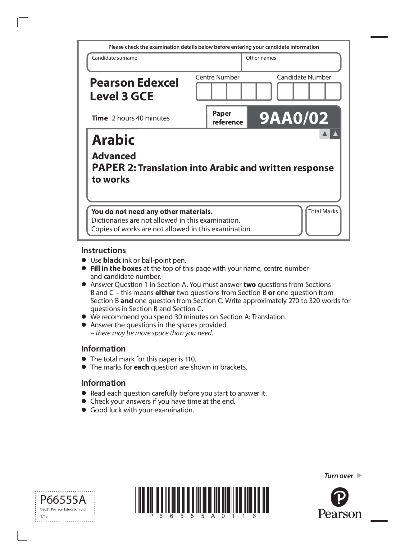 Pearson Edexcel Level 3 GCE Arabic Advanced PAPER 2: Translation into ...