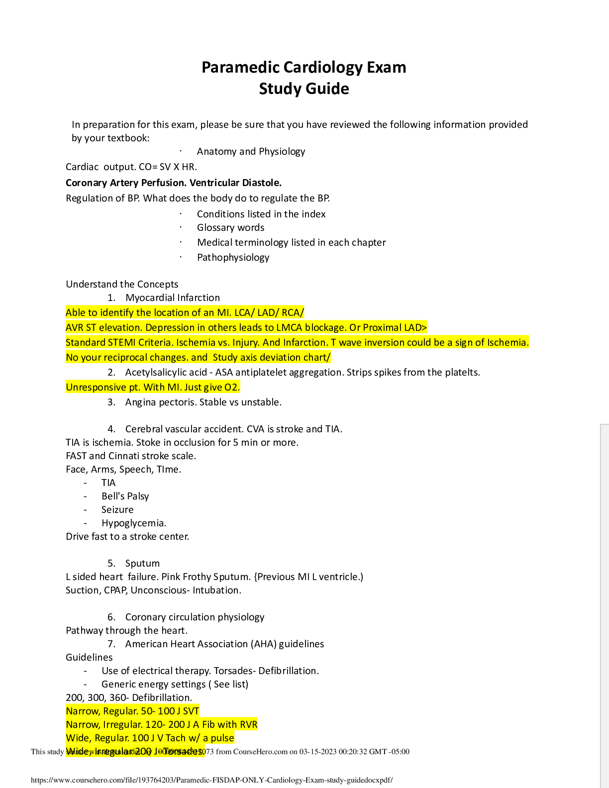 Paramedic Cardiology ExamStudy Guide - Scholarfriends