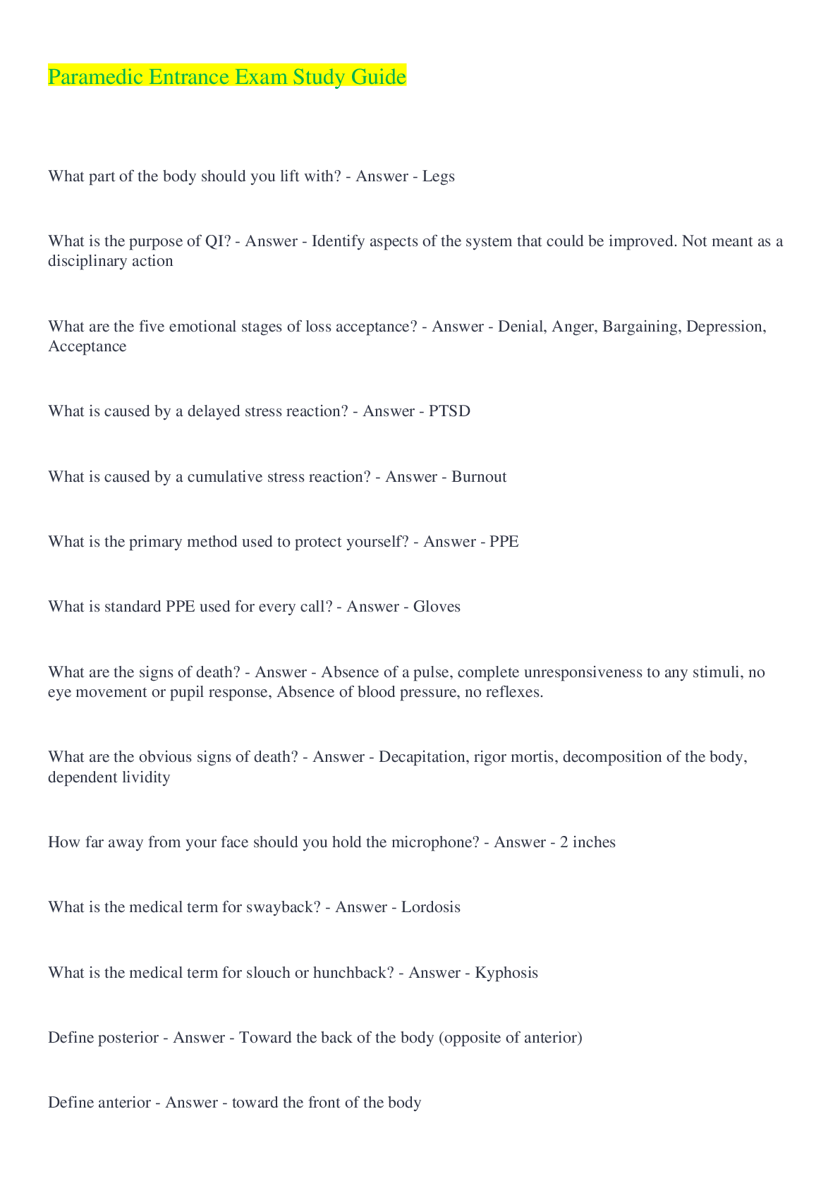 Paramedic Entrance Exam Study Guide Questions And Answers 2022/2023 ...