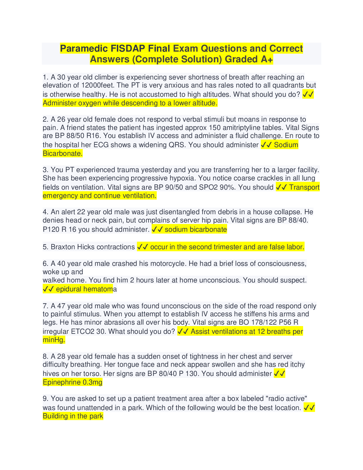 Paramedic FISDAP Final Exam Questions and Correct Answers (Complete ...