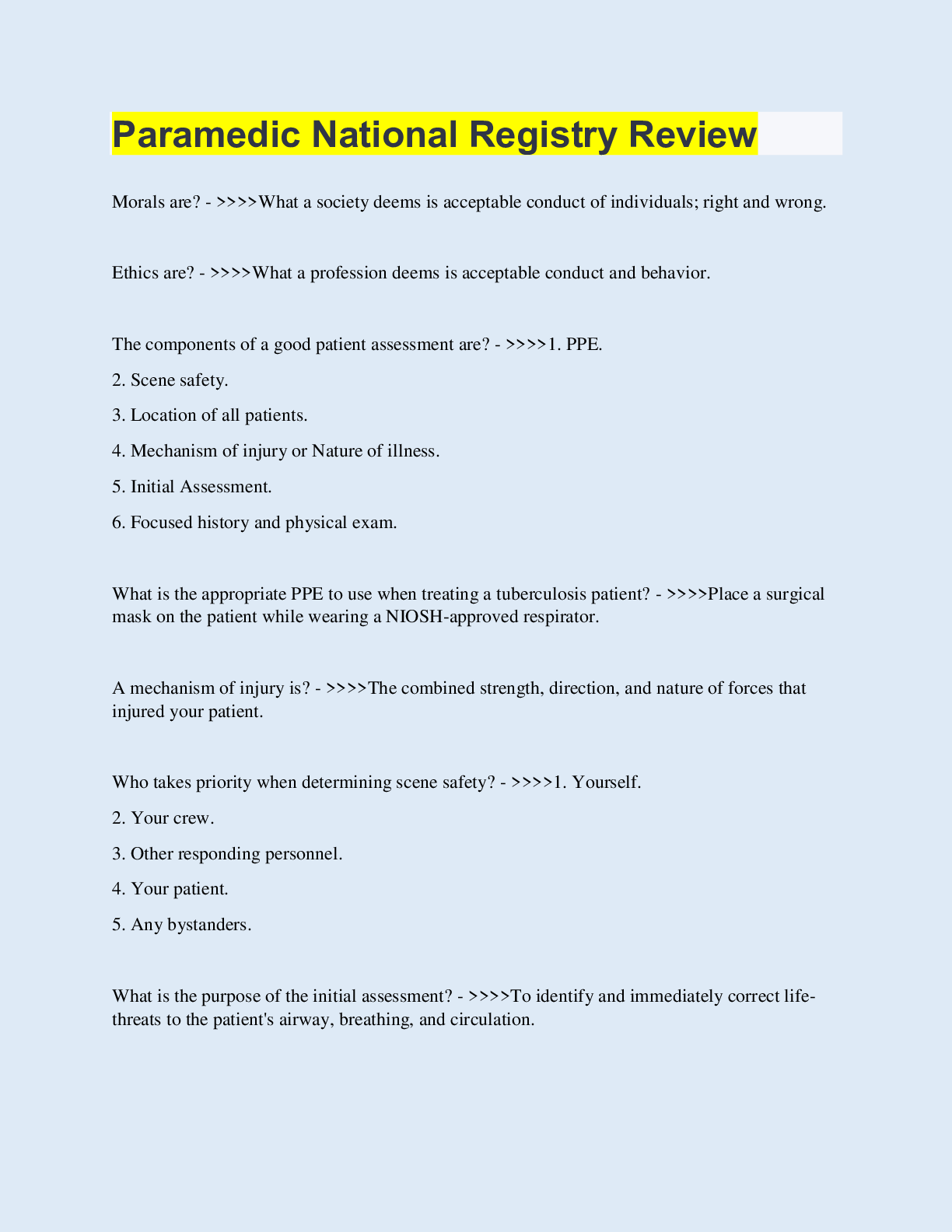 Paramedic National Registry Review | 330 Questions with 100% Correct ...