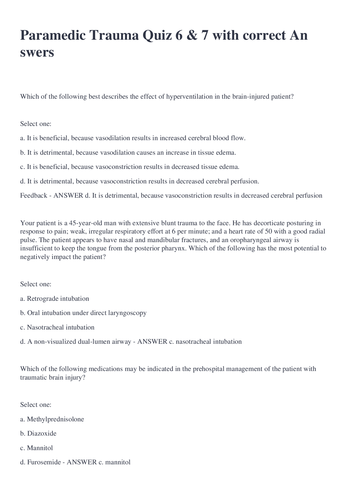 Paramedic Trauma Quiz 6 & 7 with correct Answers - Scholarfriends