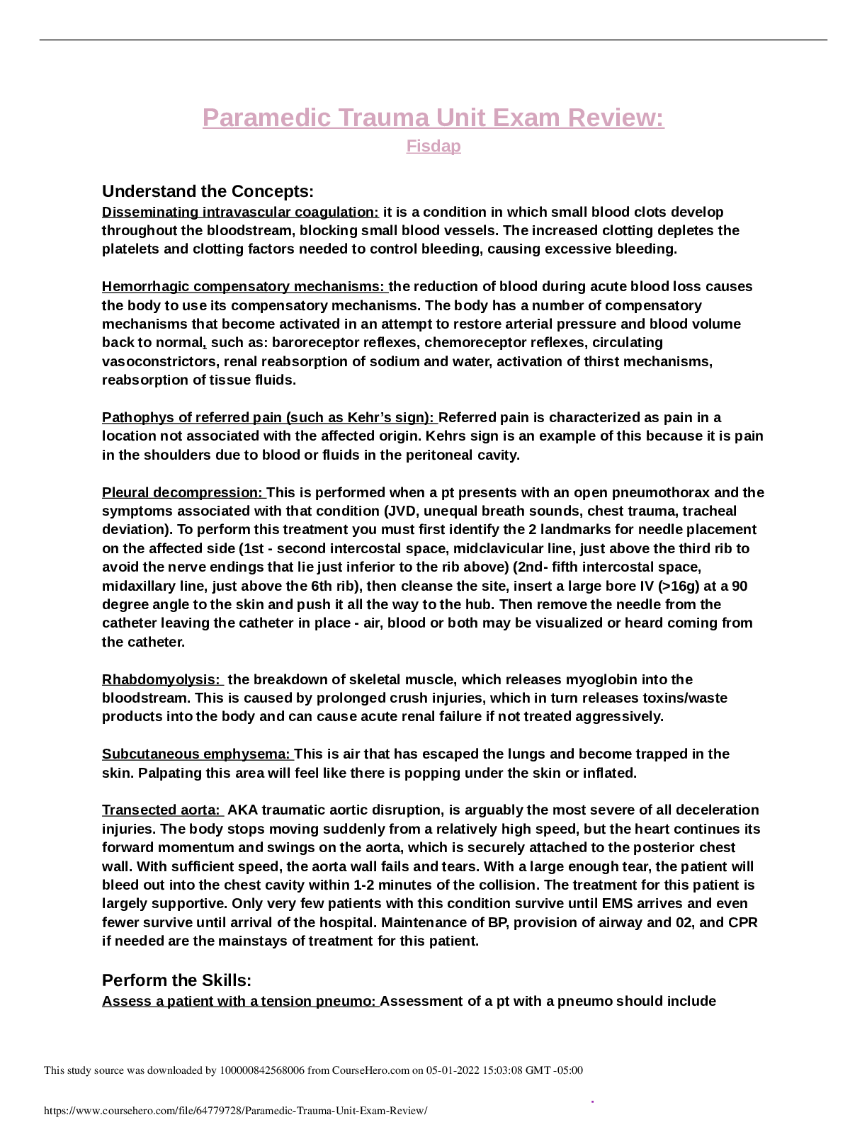 Paramedic Trauma Unit Exam Review: Fisdap - Scholarfriends