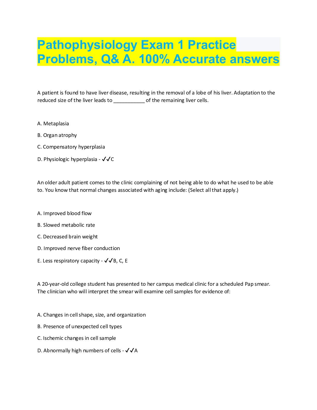 Pathophysiology Exam 1 Practice Problems, Q& A. 100% Accurate answers ...