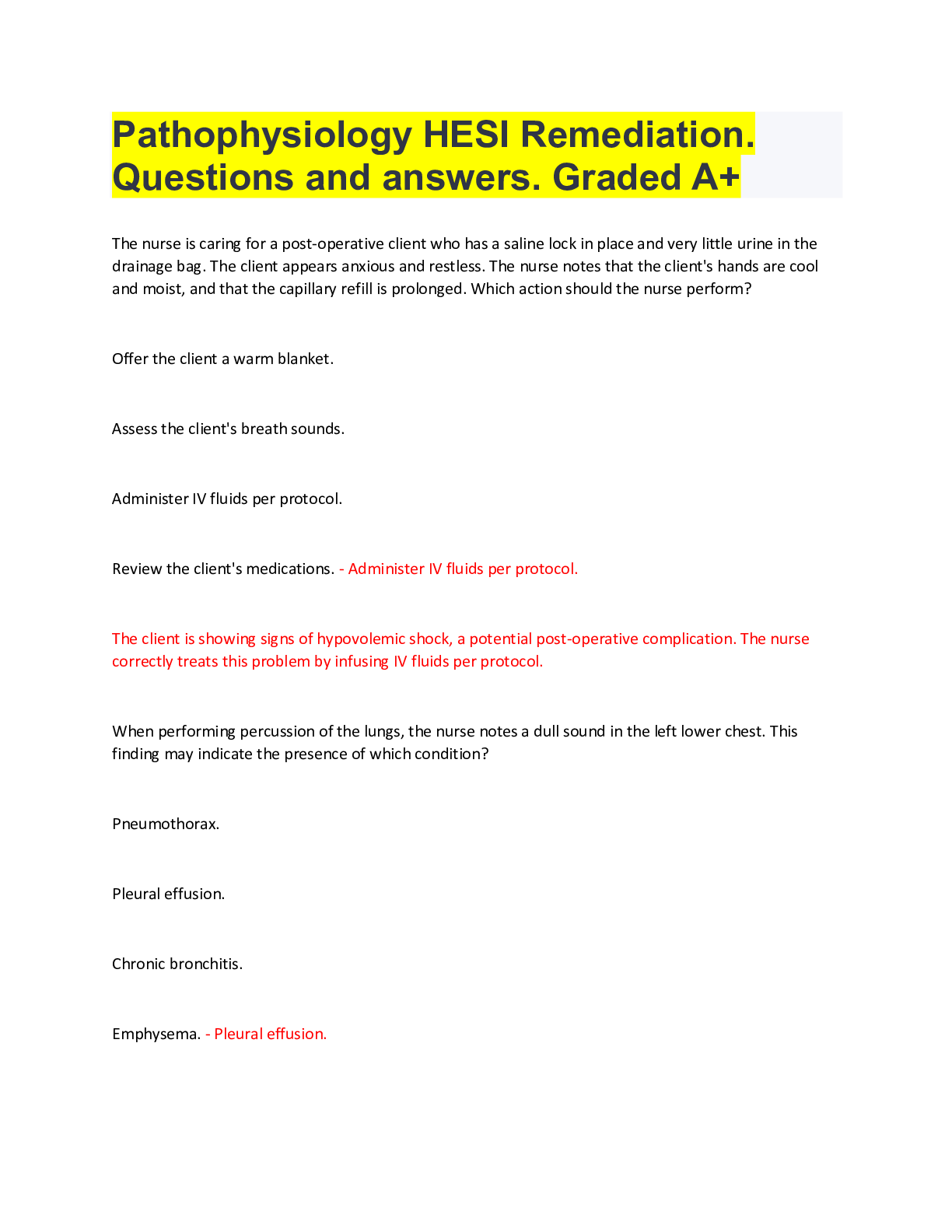 Pathophysiology HESI Remediation. Questions and answers. Graded A+ ...