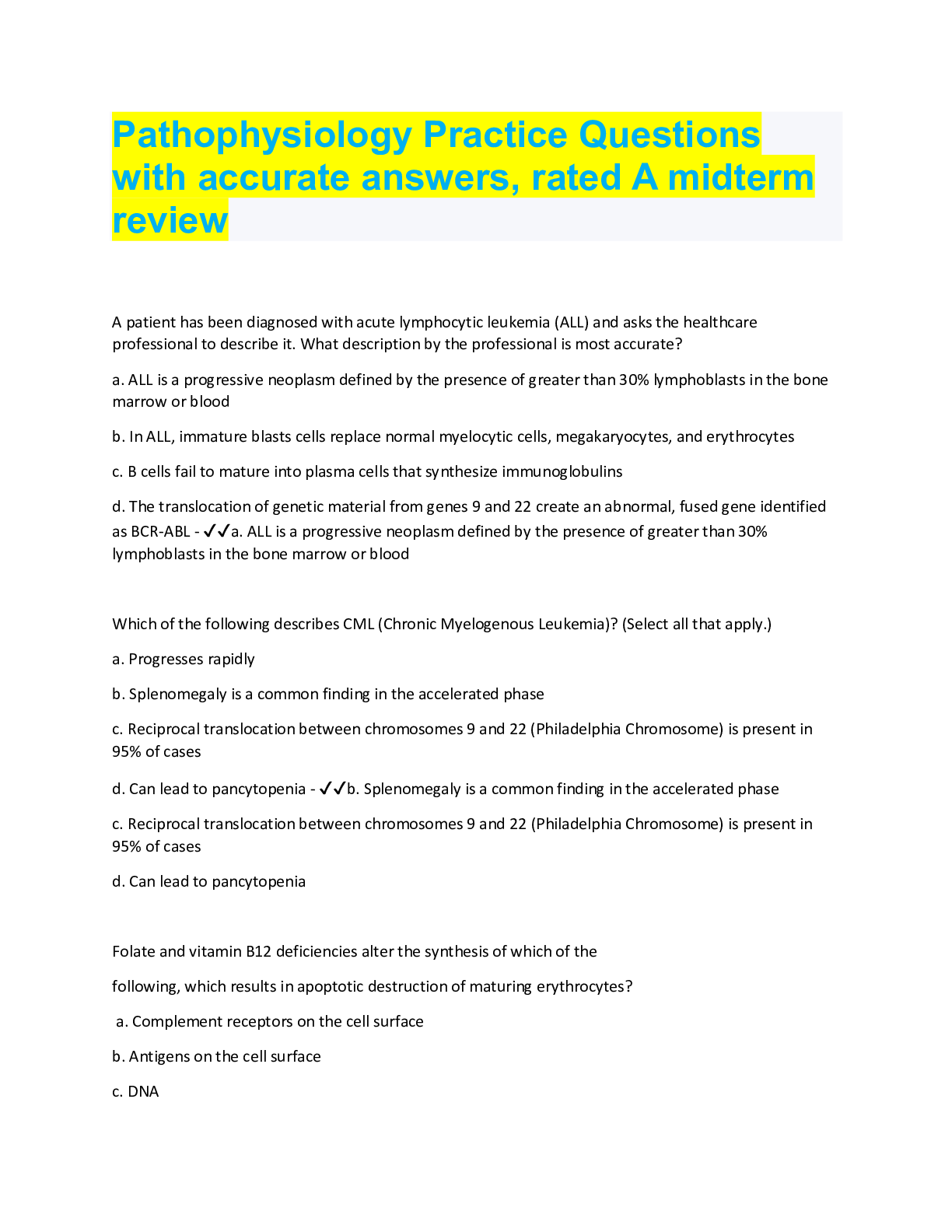 Pathophysiology Practice Questions with accurate answers, rated A ...