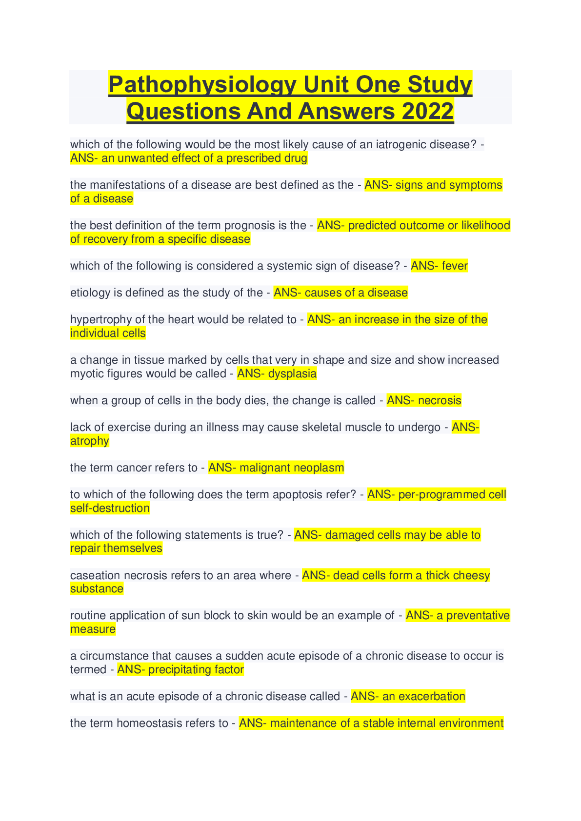 Pathophysiology Unit One Study Questions And Answers 2022 - Scholarfriends