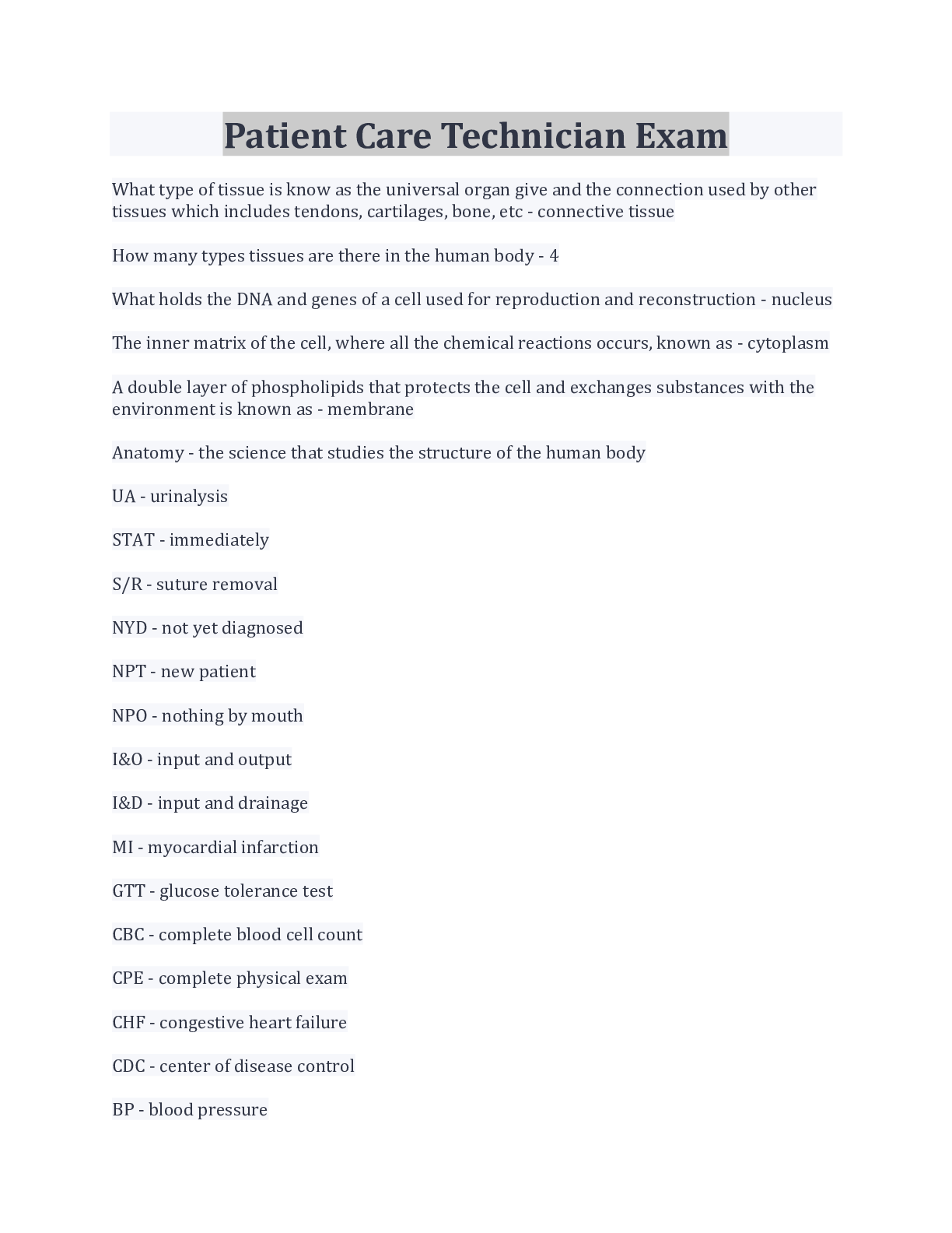 Patient Care Technician Exam: Questions & Answers: Latest Updated A+ ...