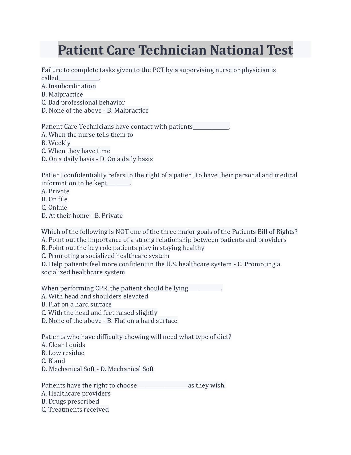 Patient Care Technician National Test: Questions & Answers: Guaranteed ...