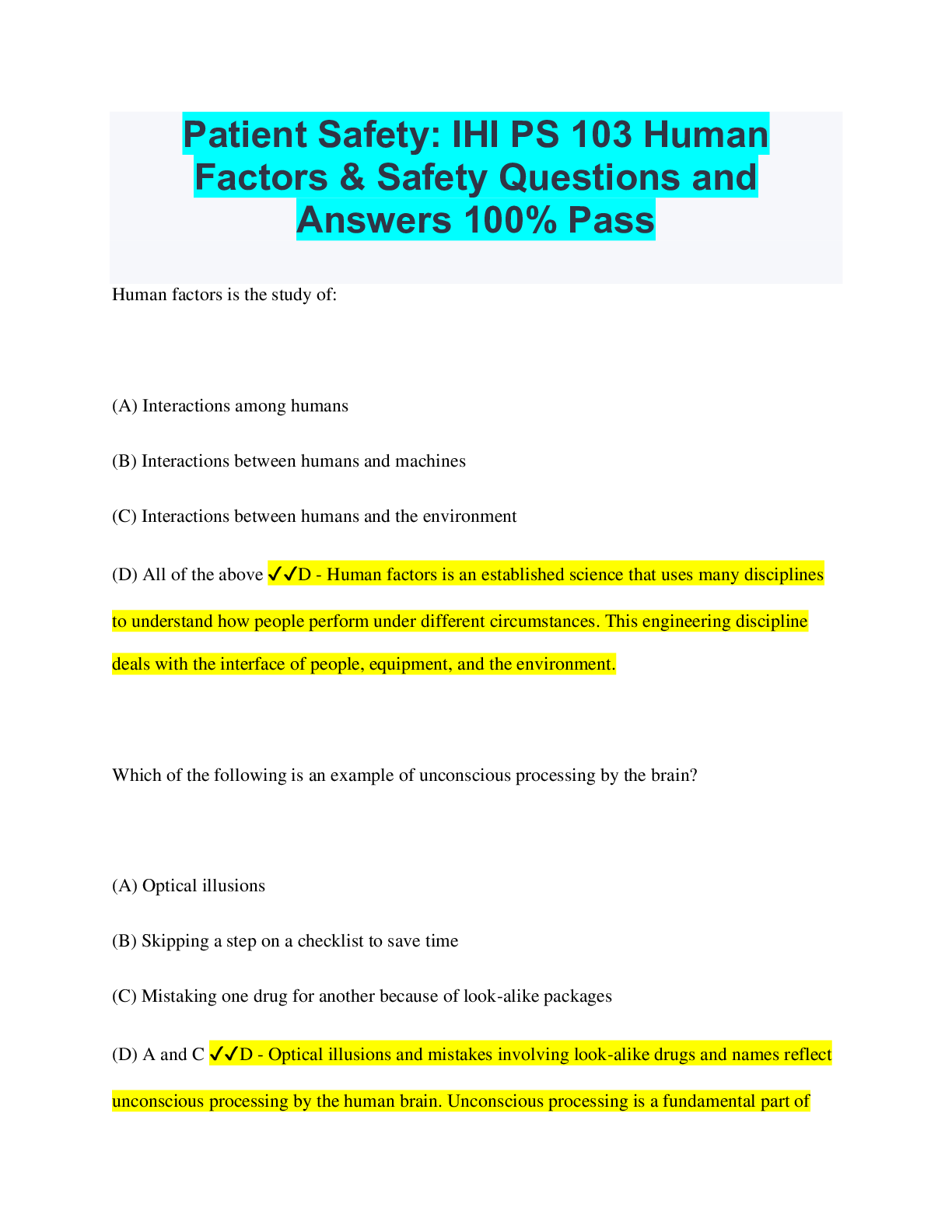 Patient Safety: IHI PS 103 Human Factors & Safety Questions and Answers ...