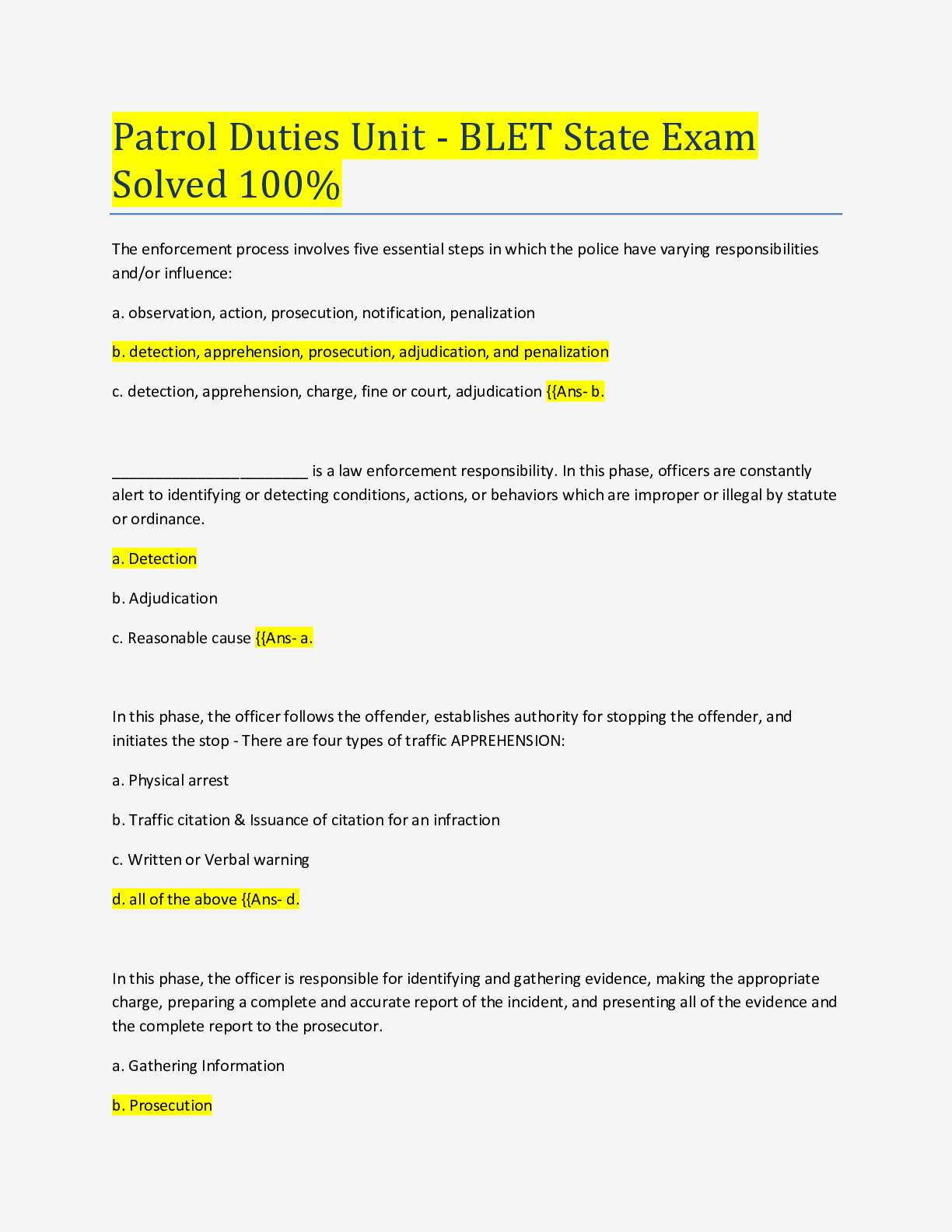 Patrol Duties Unit - BLET State Exam Solved 100% - Scholarfriends