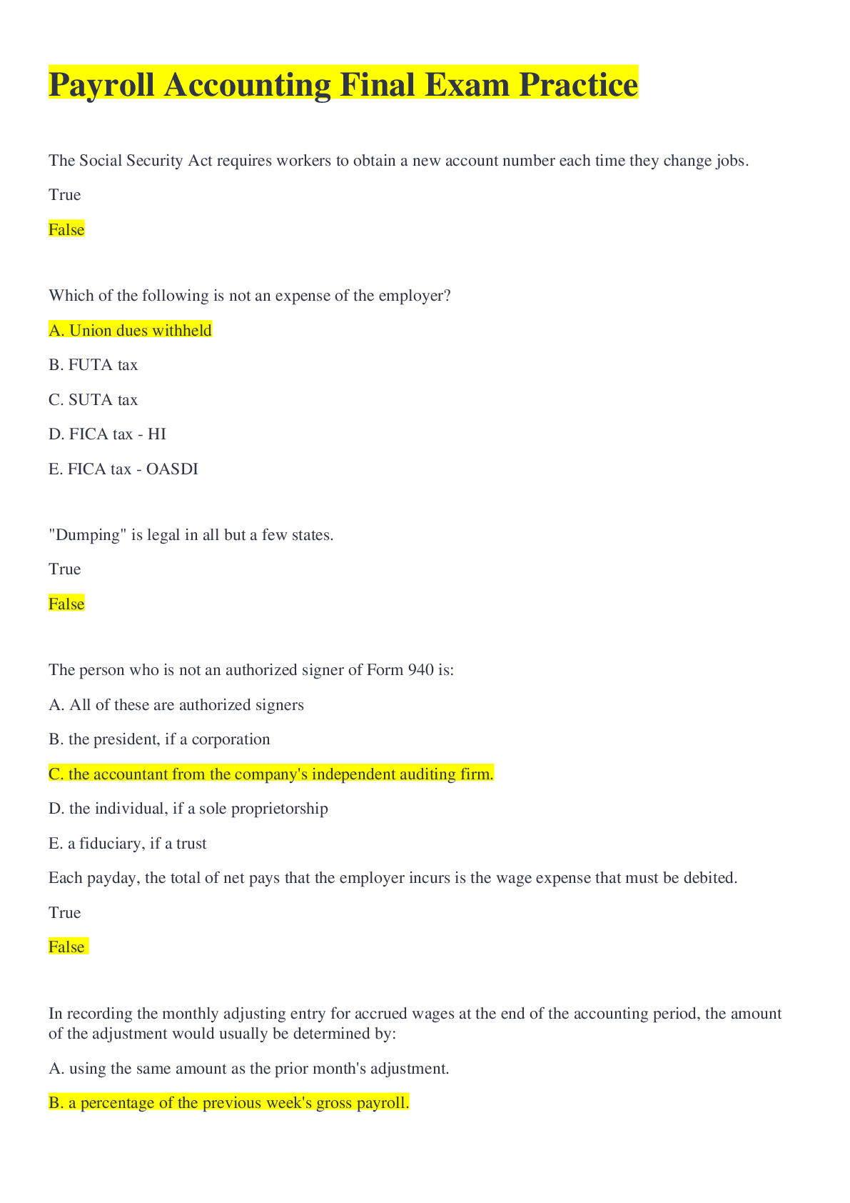 Payroll Accounting Final Exam Practice - Scholarfriends