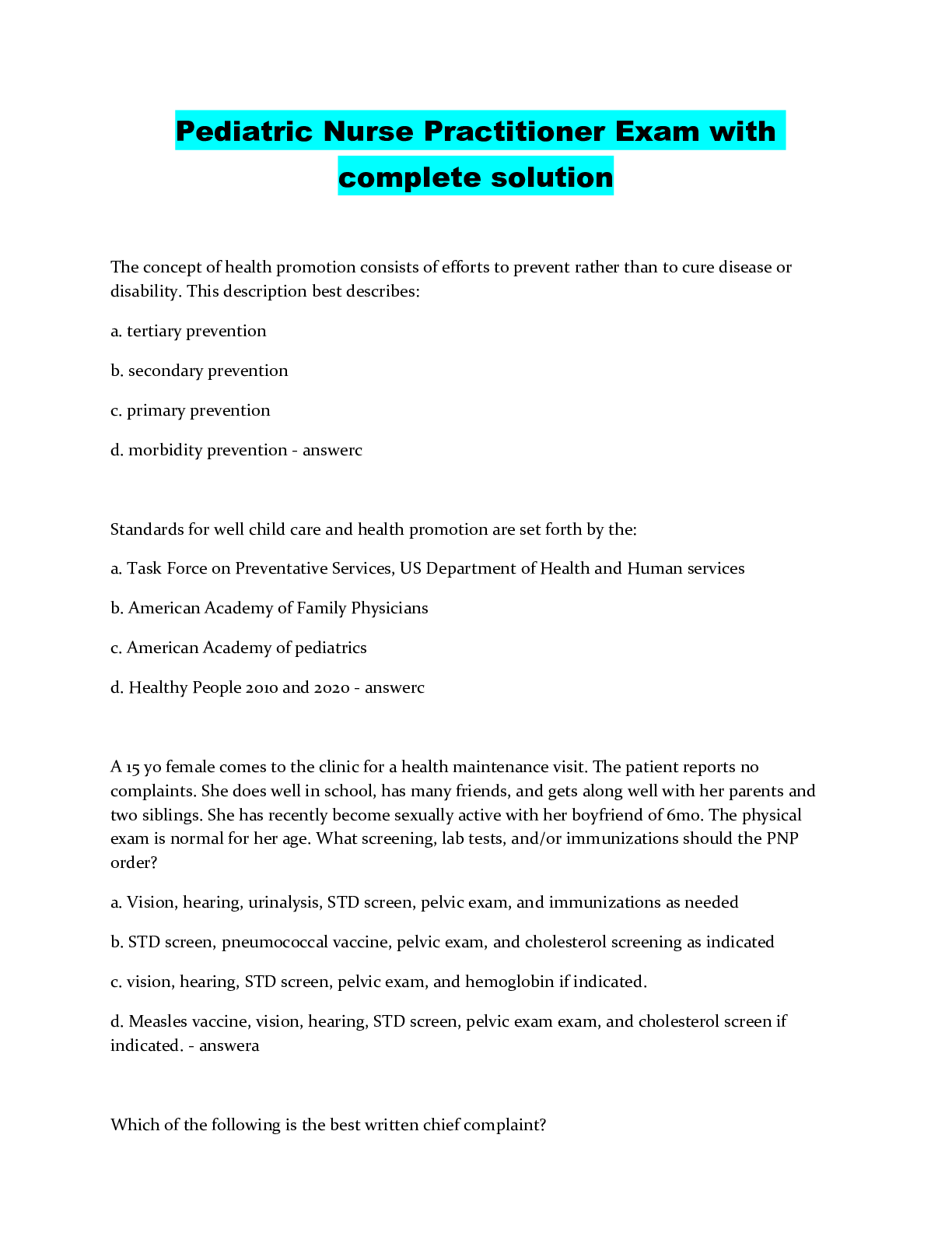 Pediatric Nurse Practitioner Exam with complete solution - Scholarfriends