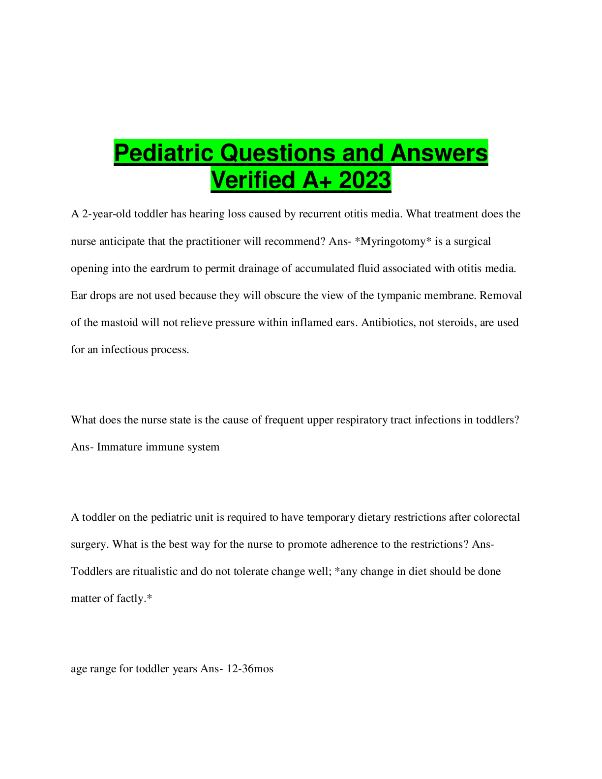 Pediatric Questions and Answers Verified A+ 2023 – Scholarfriends ...