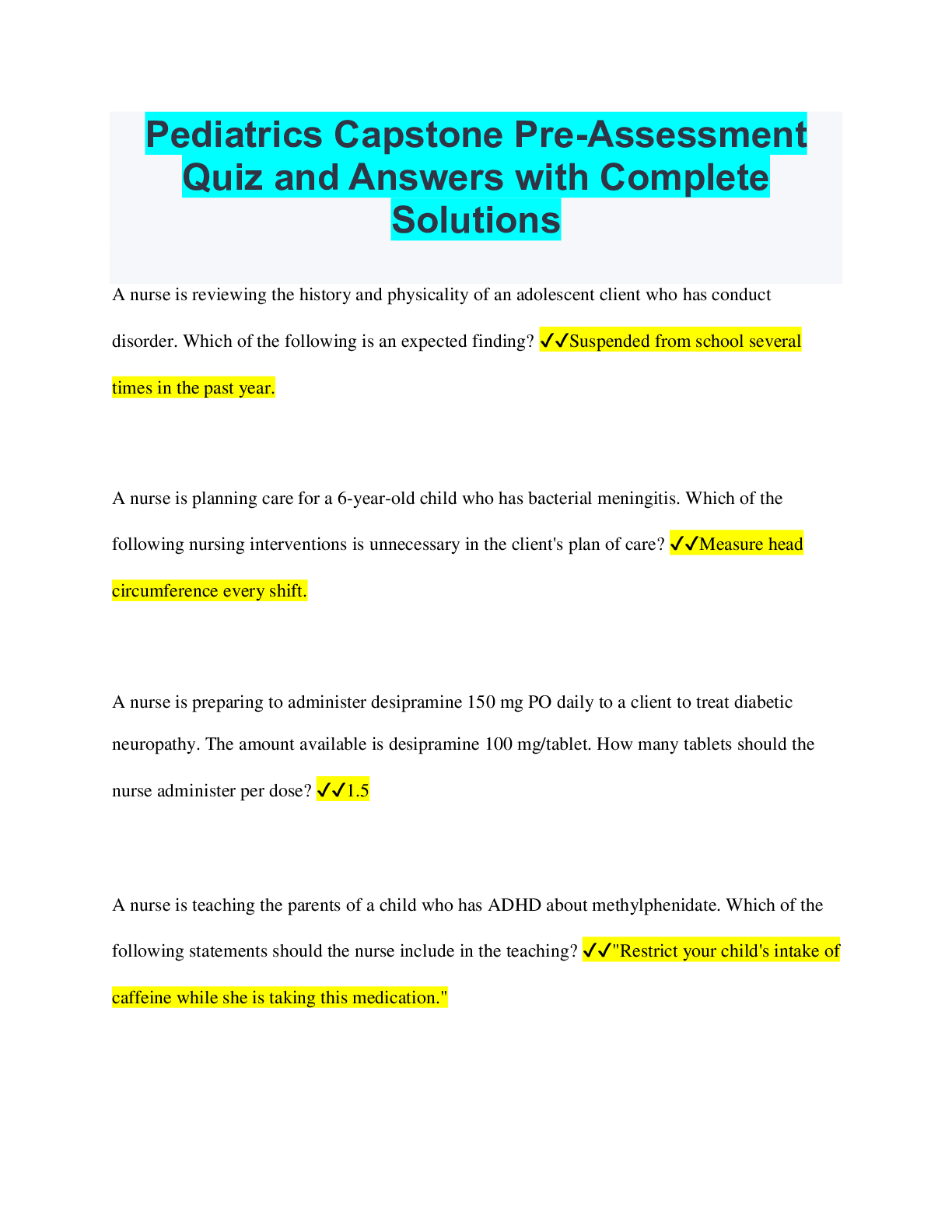 Pediatrics Capstone Pre-Assessment Quiz and Answers with Complete ...